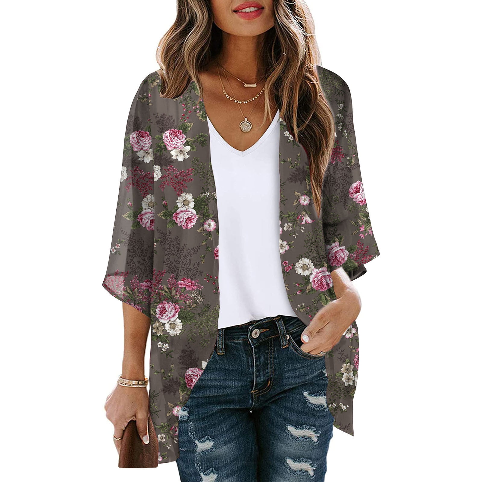 Dyegold Kimonos For Women Boho Floral Print Lightweight Cardigans 3/4 ...