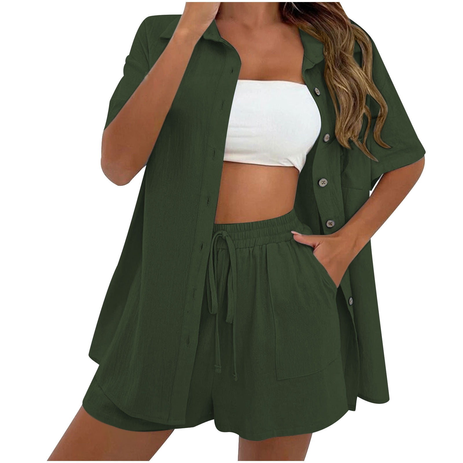 Dyegold Linen Set for Women Shorts Sets 2 Piece Outfit Button Down ...