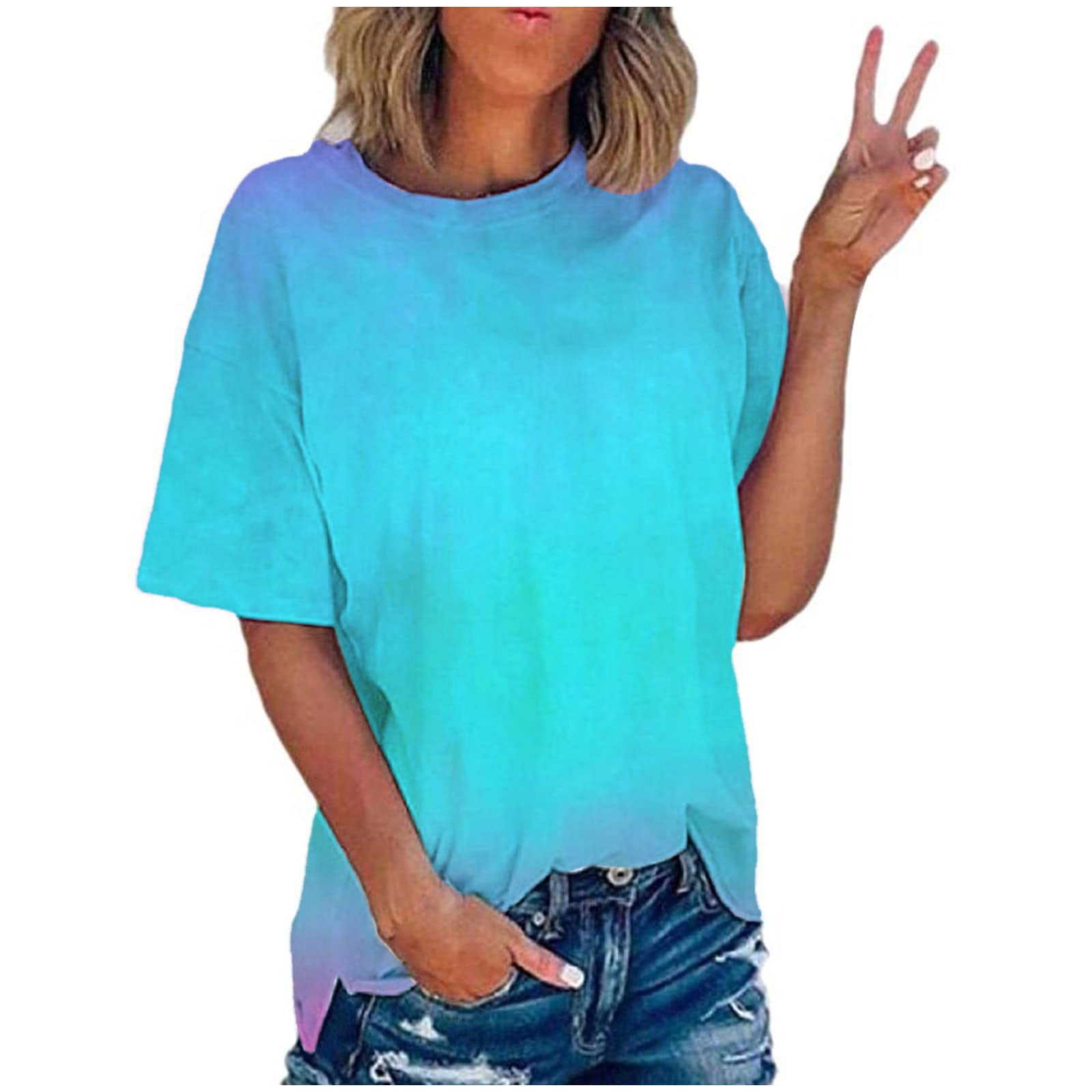 Dyegold Ombre Shirt Women Trendy Short Sleeve Crew Neck Basic Tee Tops ...