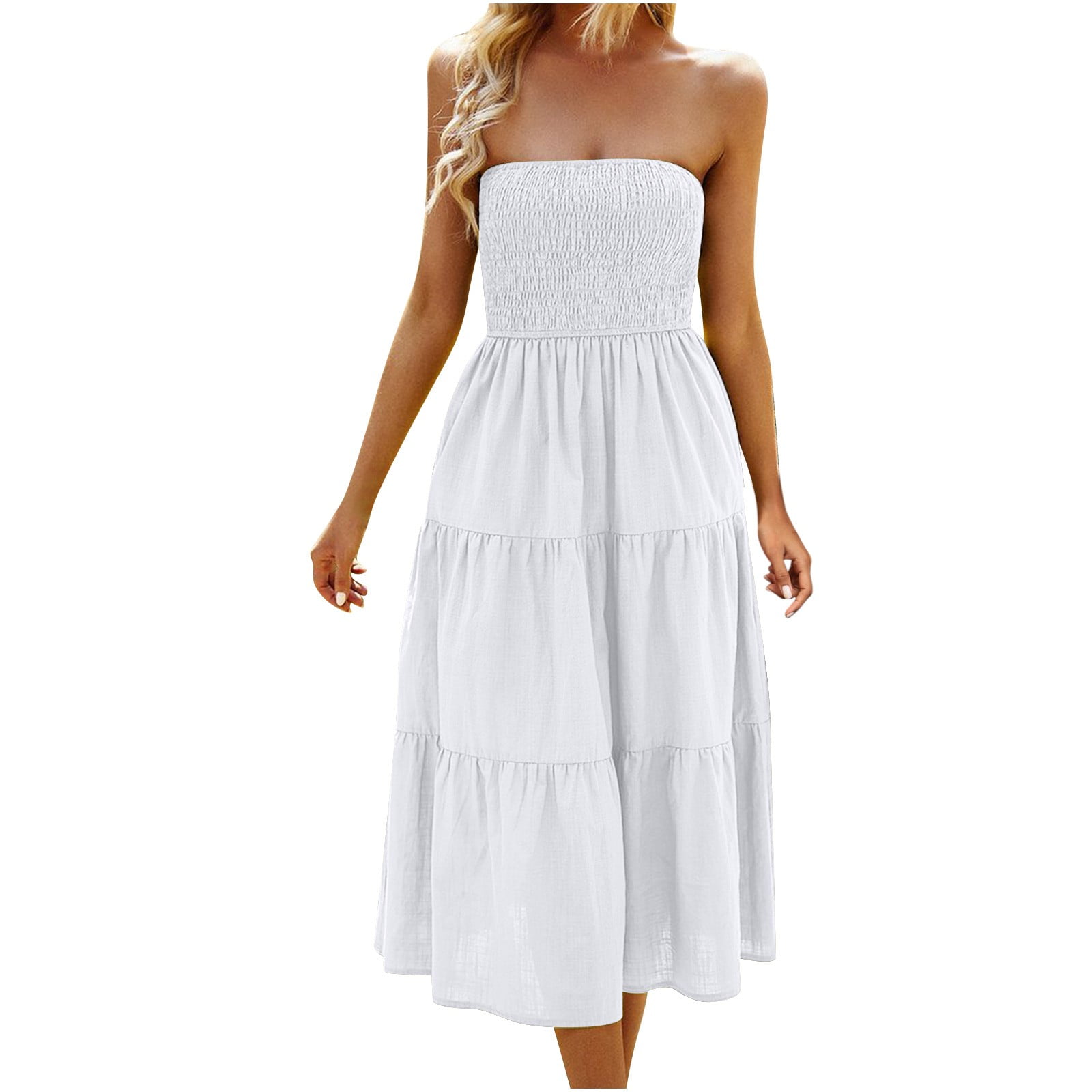 Dyegold Sundresses for Women Casual Beach - Maxi Dress for Women 2023 Strapless Smocked Backless ...