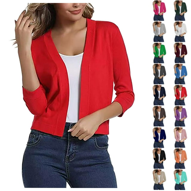 Dyegold Womens 3 4 Sleeve Cropped Cardigan Sweater Open Front Light