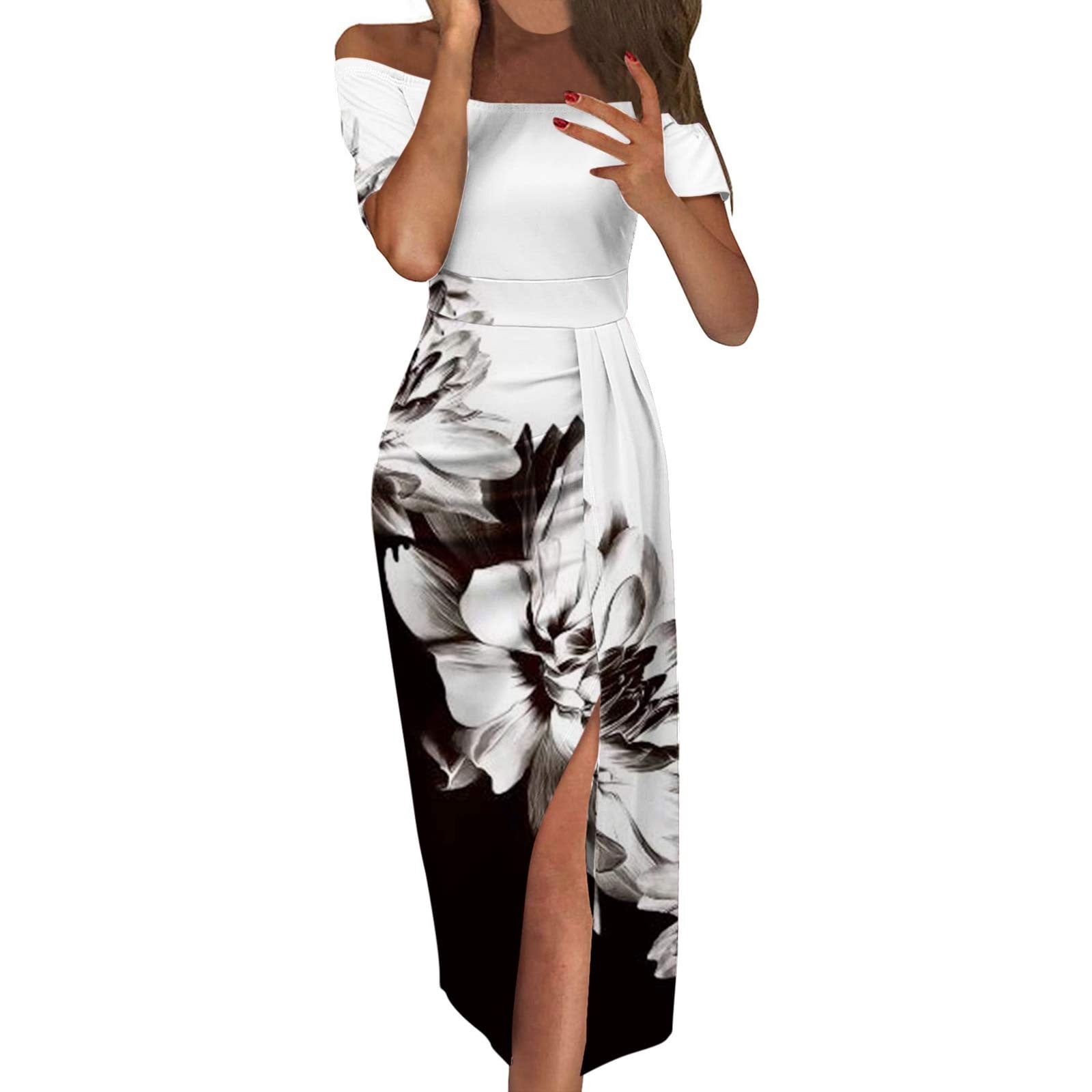 Dyegold Women's Bodycon Midi Dress Ruched Off Shoulder Short Sleeve ...