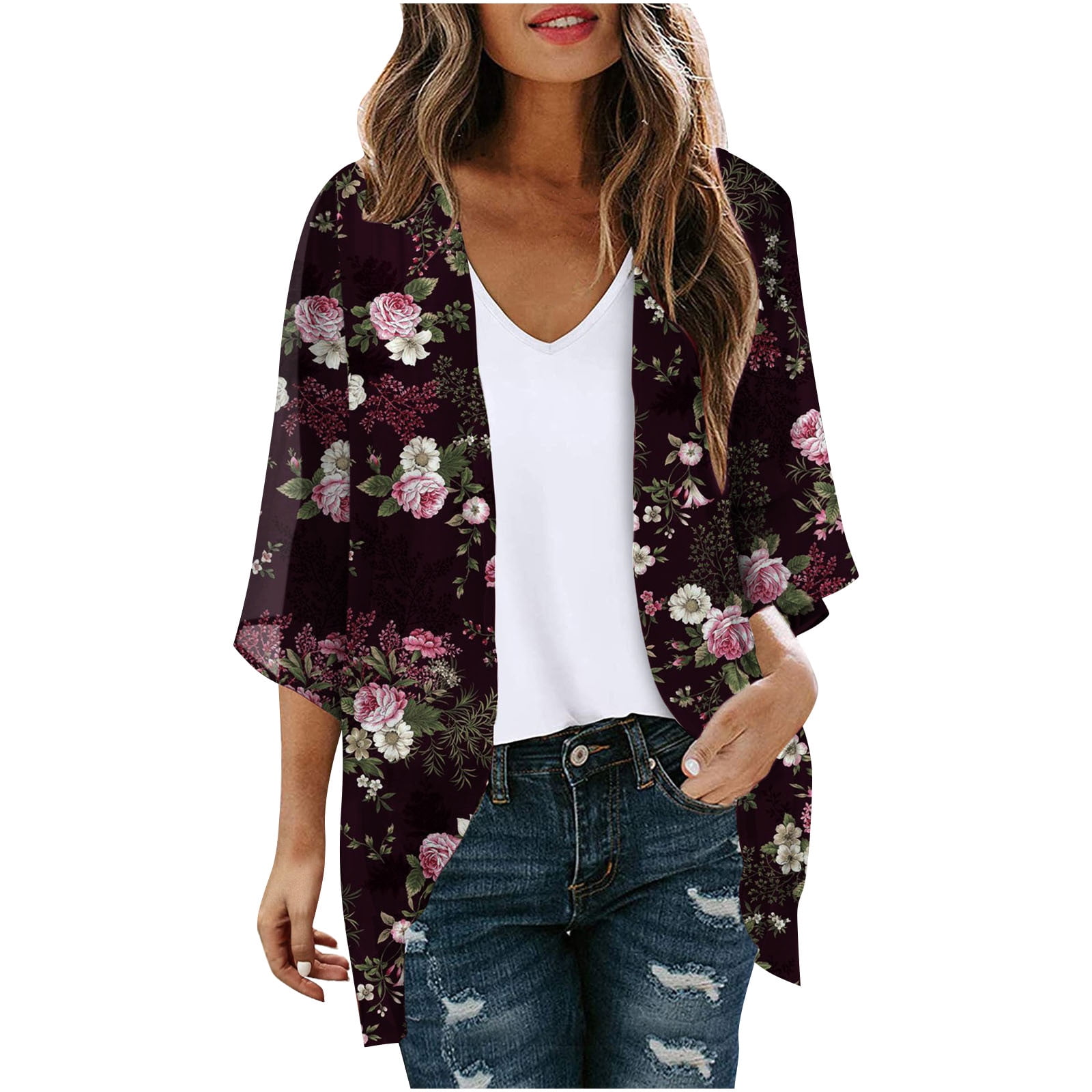 Dyegold Women's Boho Floral Print Kimono, Lightweight 3/4 Sleeve ...