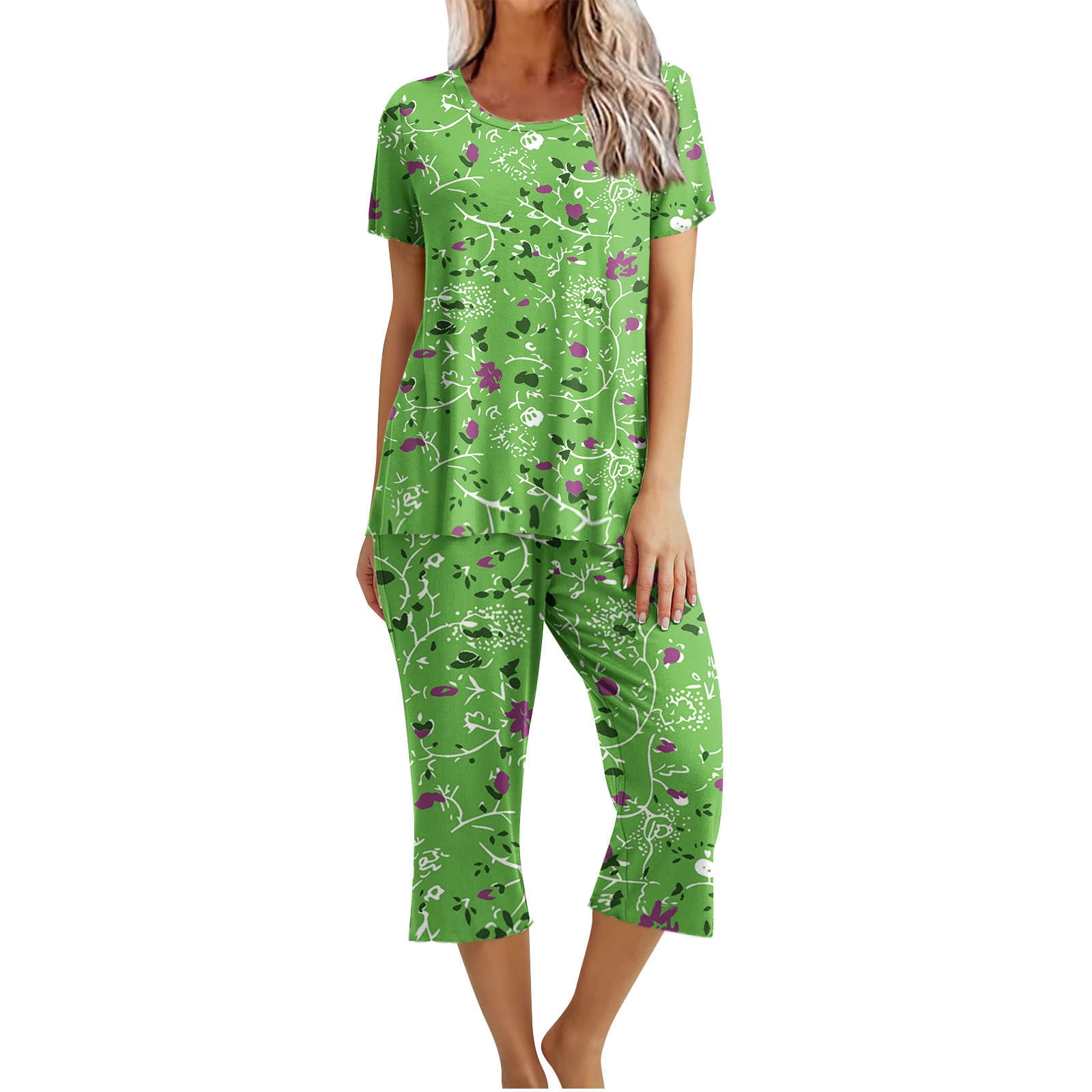 Dyegold Women's Capri Pajama Set Short Sleeve Shirt And Capri Pants ...