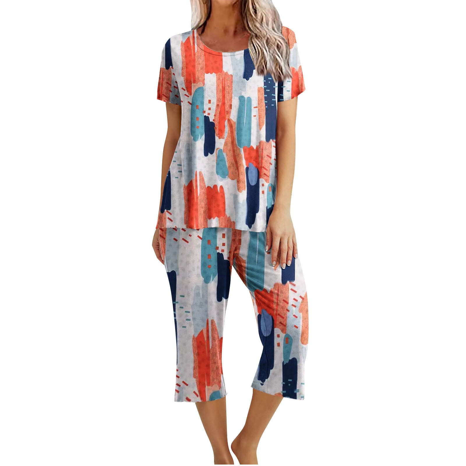 Dyegold Womens Capri Pajama Set Short Sleeve Shirt And Capri Pants Sleepwear Pjs Sets Soft