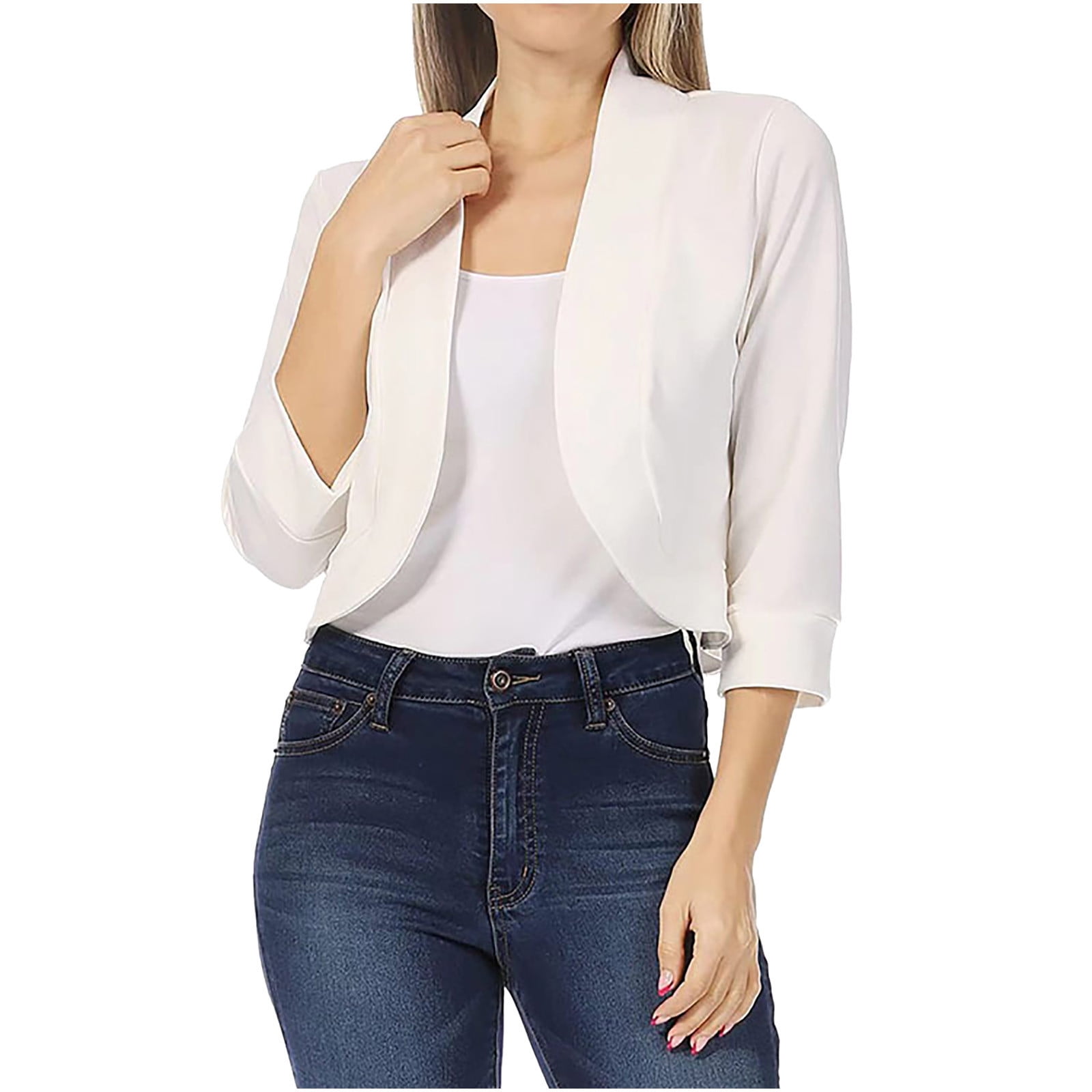 Dyegold Women's Casual Cropped Blazer 3/4 Sleeve Collarless Open Front ...