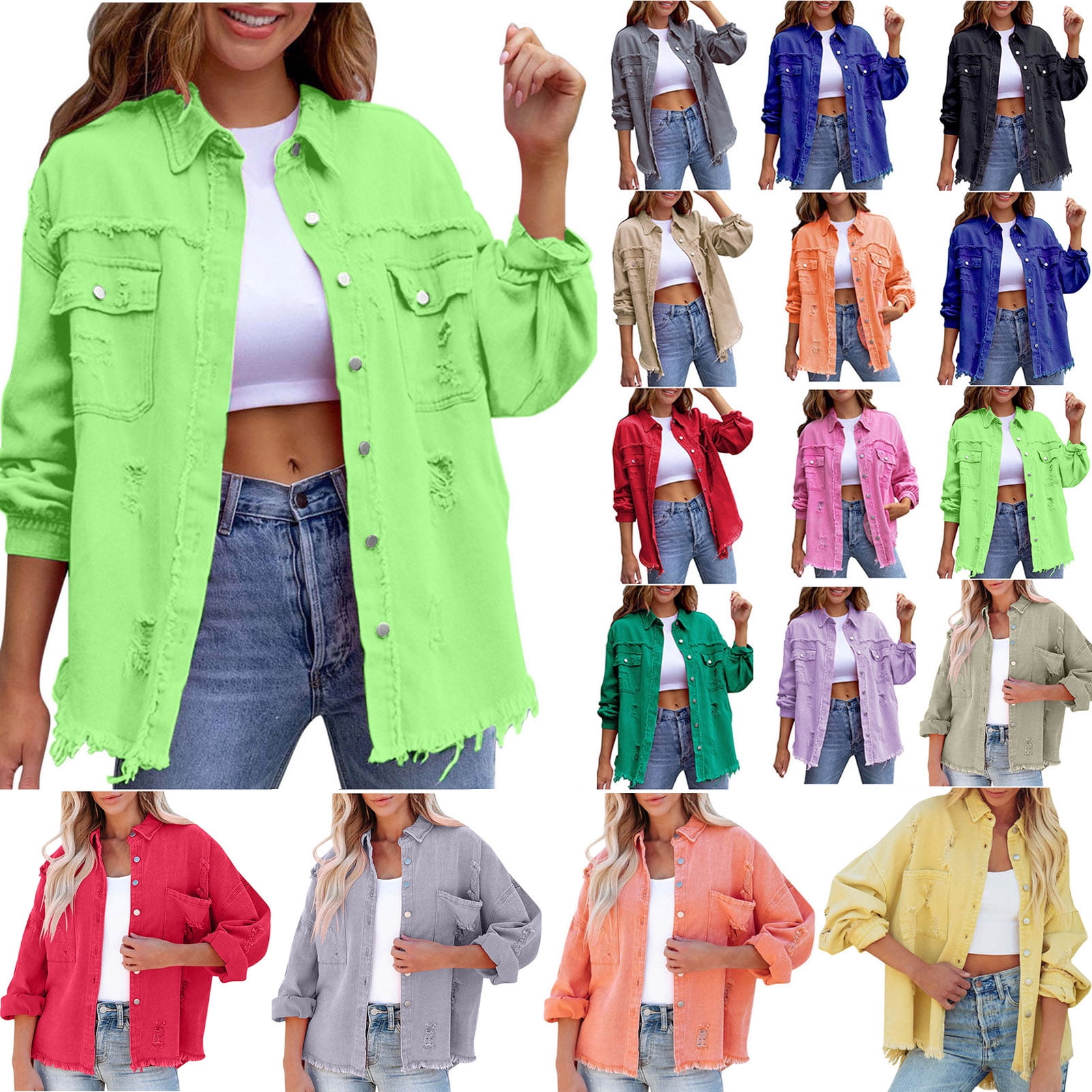 Dyegold Women's Ripped Distressed Denim Jacket Casual Long Sleeve ...