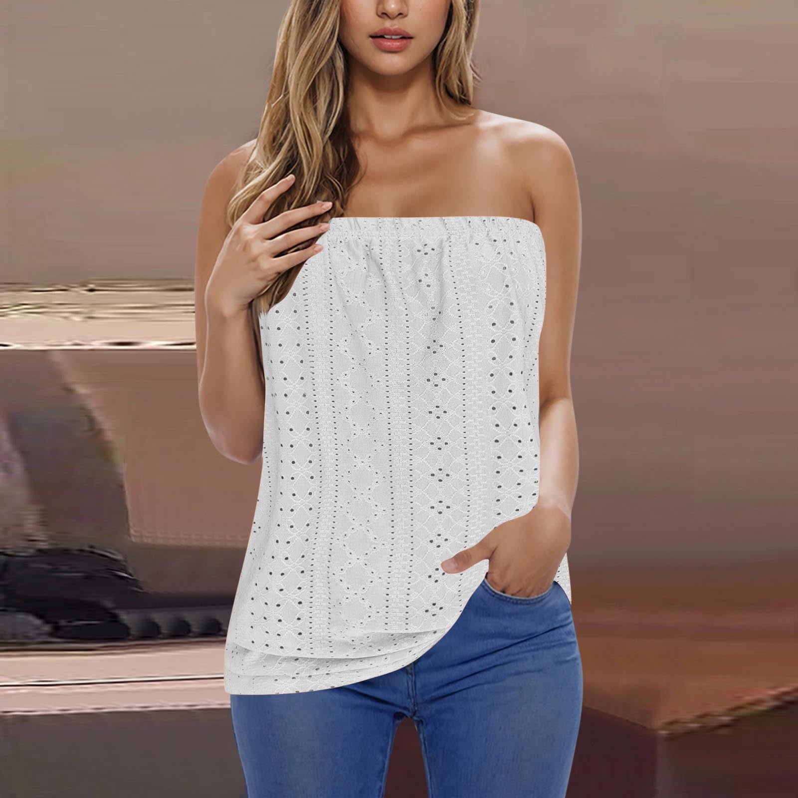 Dyegold Women's Striped Strapless Bandeau Tank Casual Sleeveless Summer ...