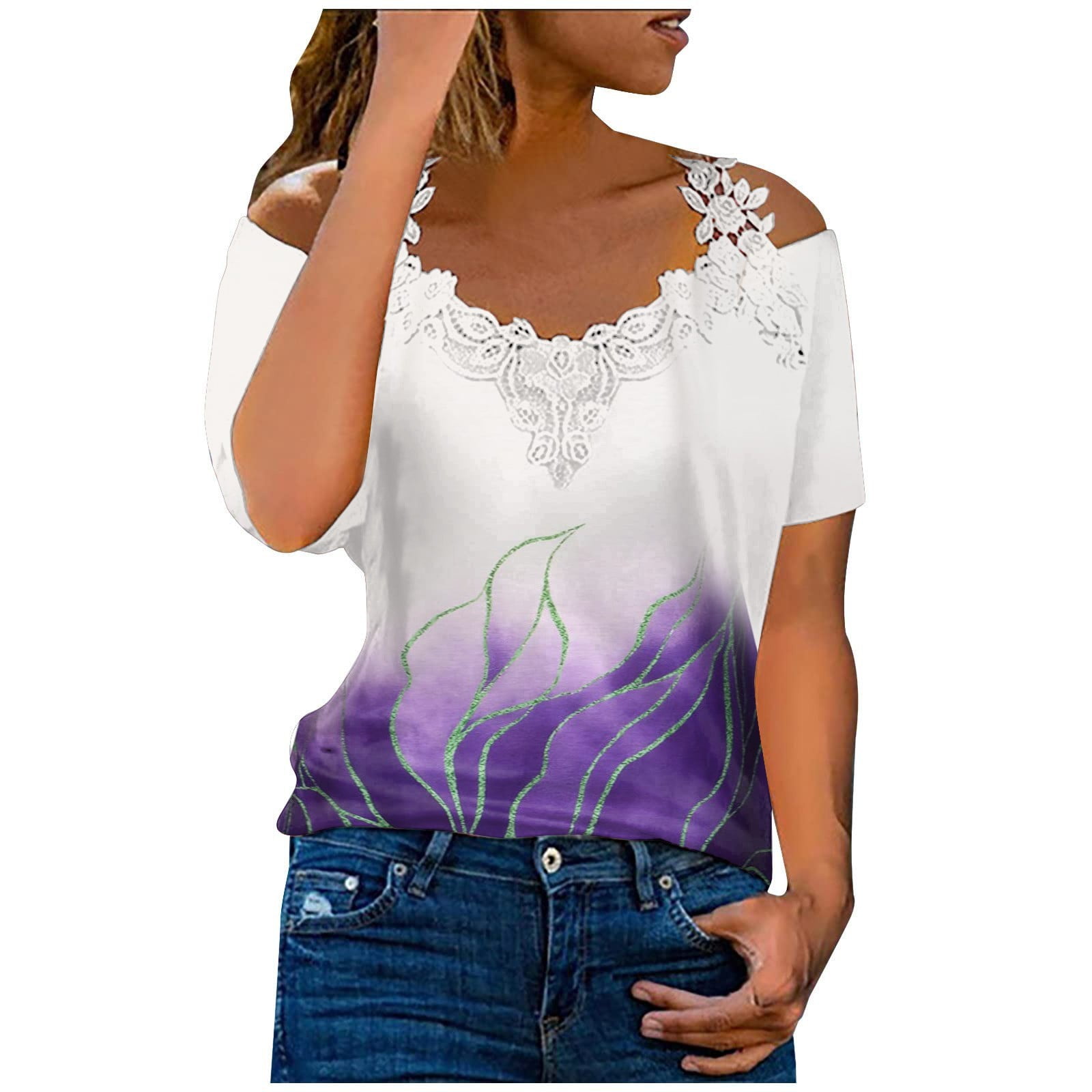 Dyegold Womens Blouses and Tops Dressy Cold Shoulder Lace Trim Tops for ...