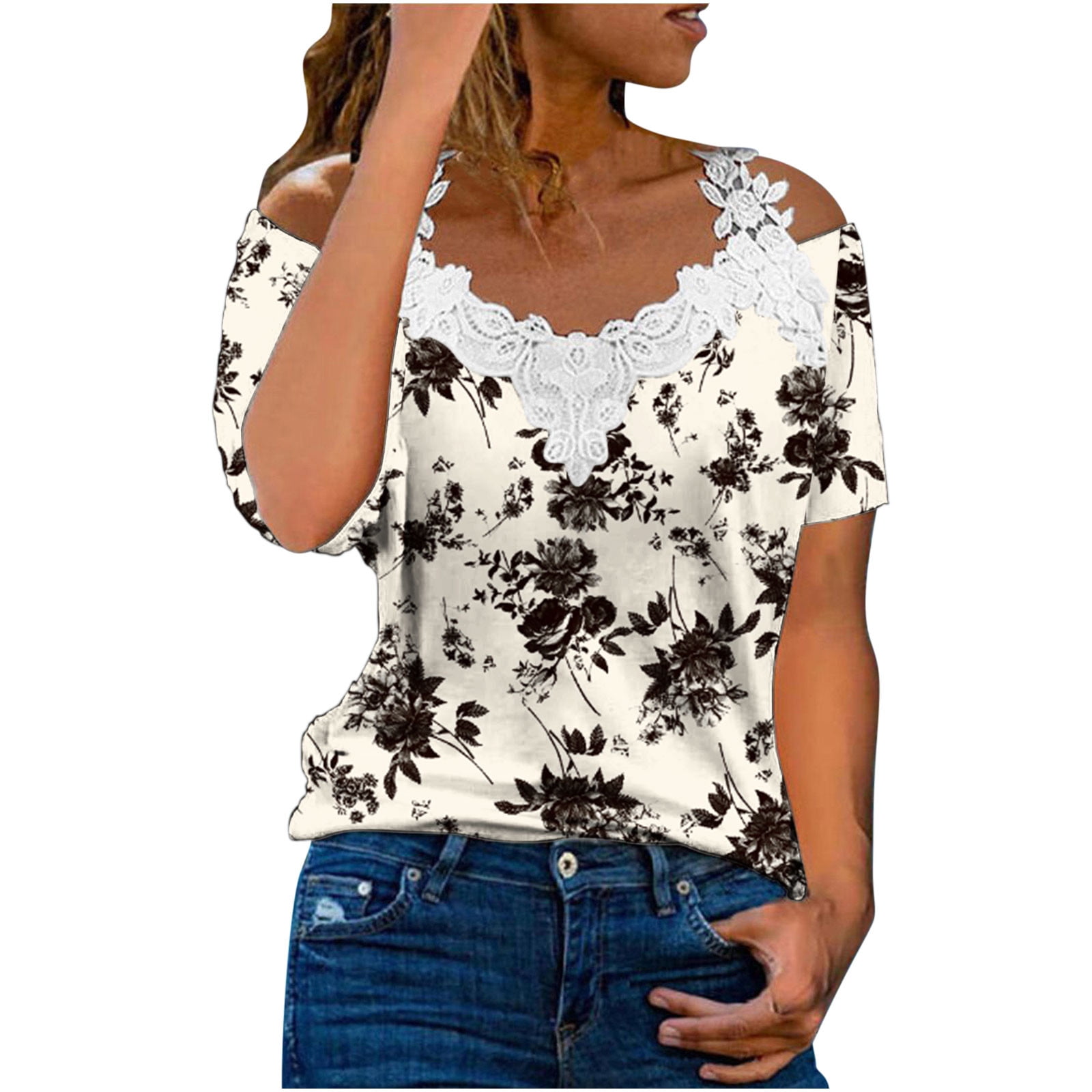 Dyegold Womens Blouses and Tops Dressy Cold Shoulder Lace Trim Tops for ...