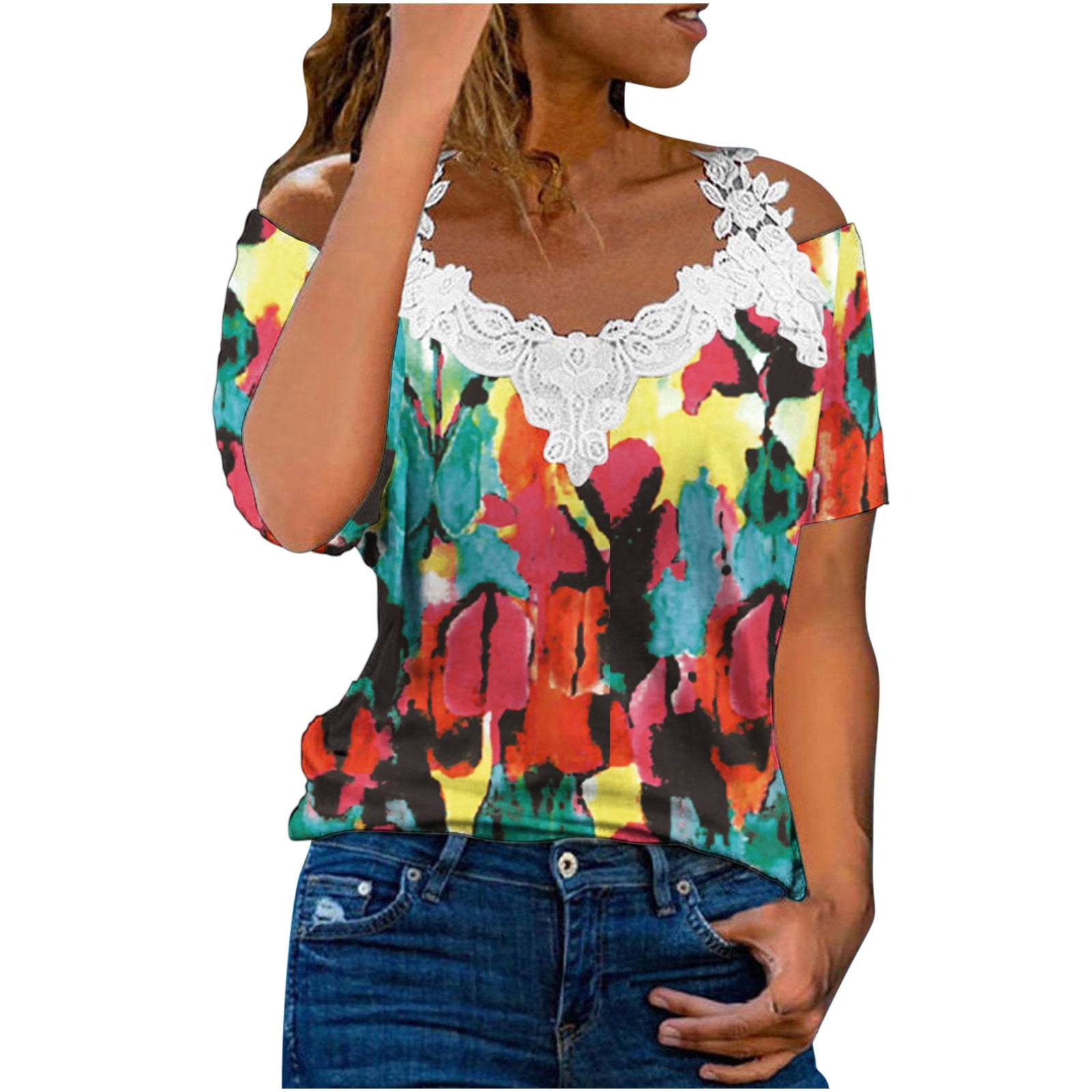 Dyegold Womens Blouses and Tops Dressy Cold Shoulder Lace Trim Tops for ...