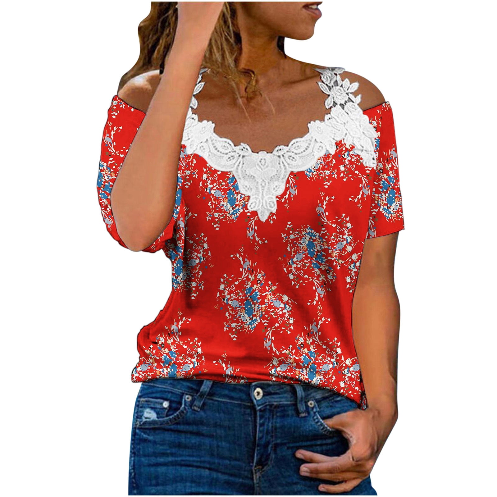 Dyegold Womens Blouses and Tops Dressy Cold Shoulder Lace Trim Tops for ...