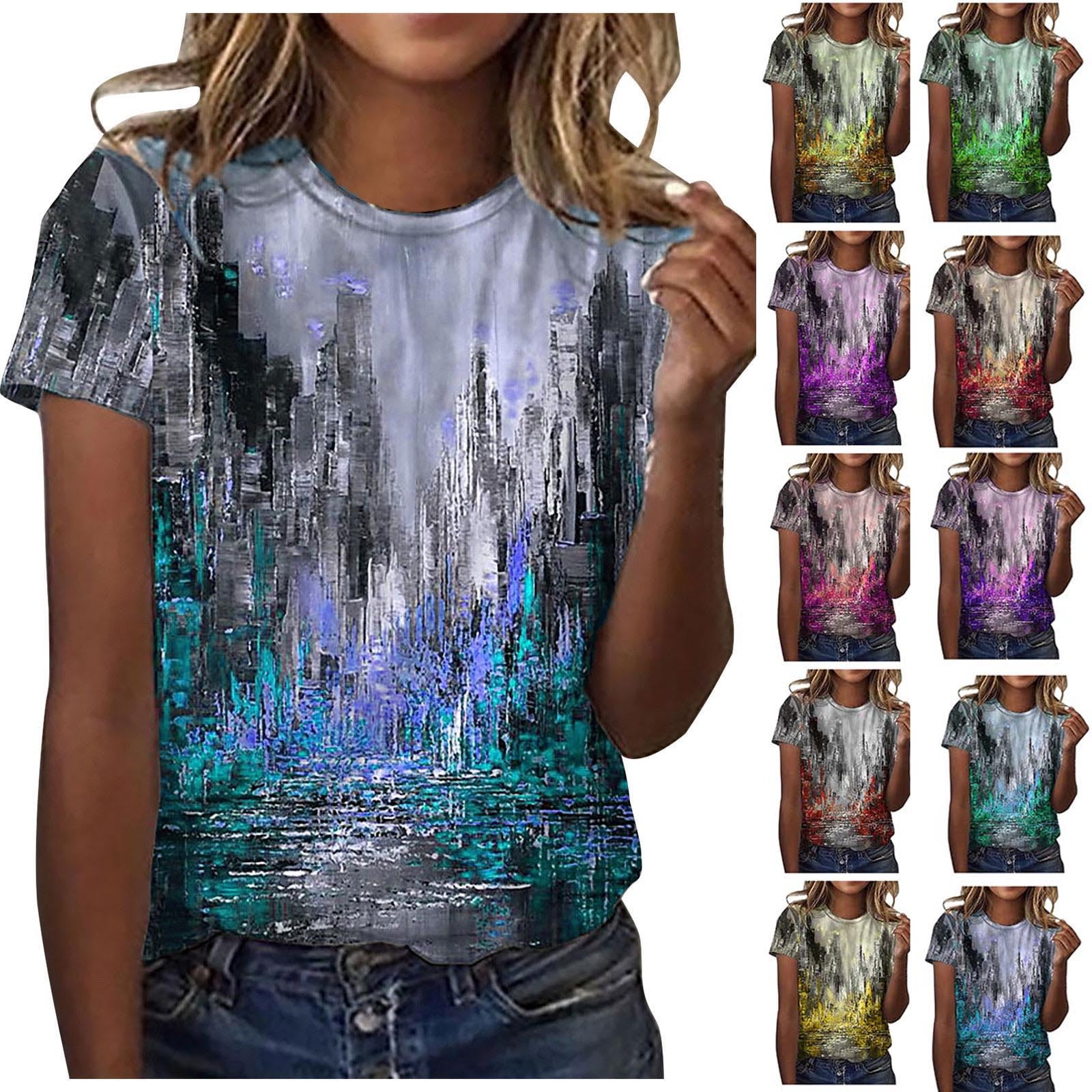 Dyegold Womens Summer Casual T-Shirts Round Neck Floral Printed Short ...