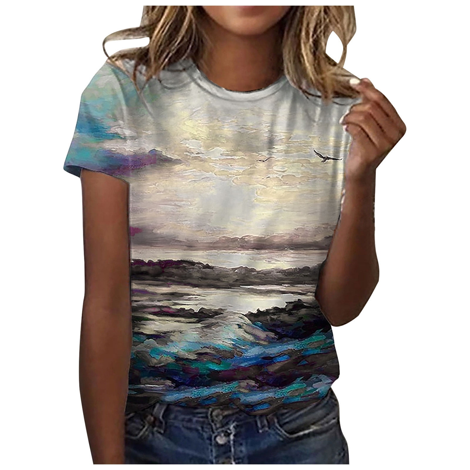 Dyegold Womens Summer Casual T-Shirts Round Neck Floral Printed Short ...