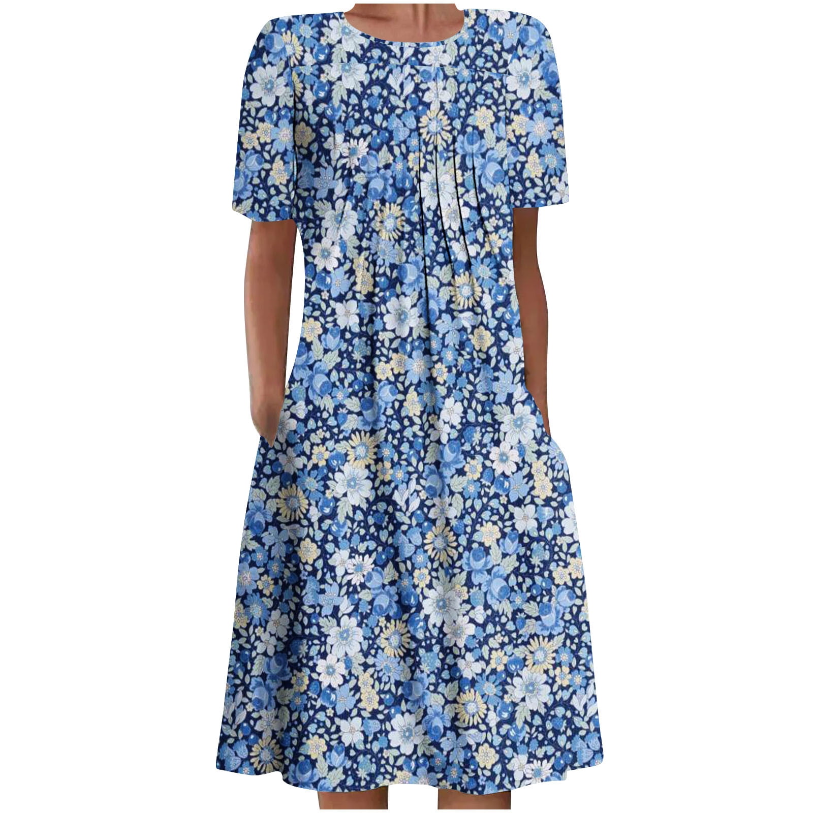 Dyegold Womens Sundresses Summer Casual Boho Pleated Knee Length Swing ...