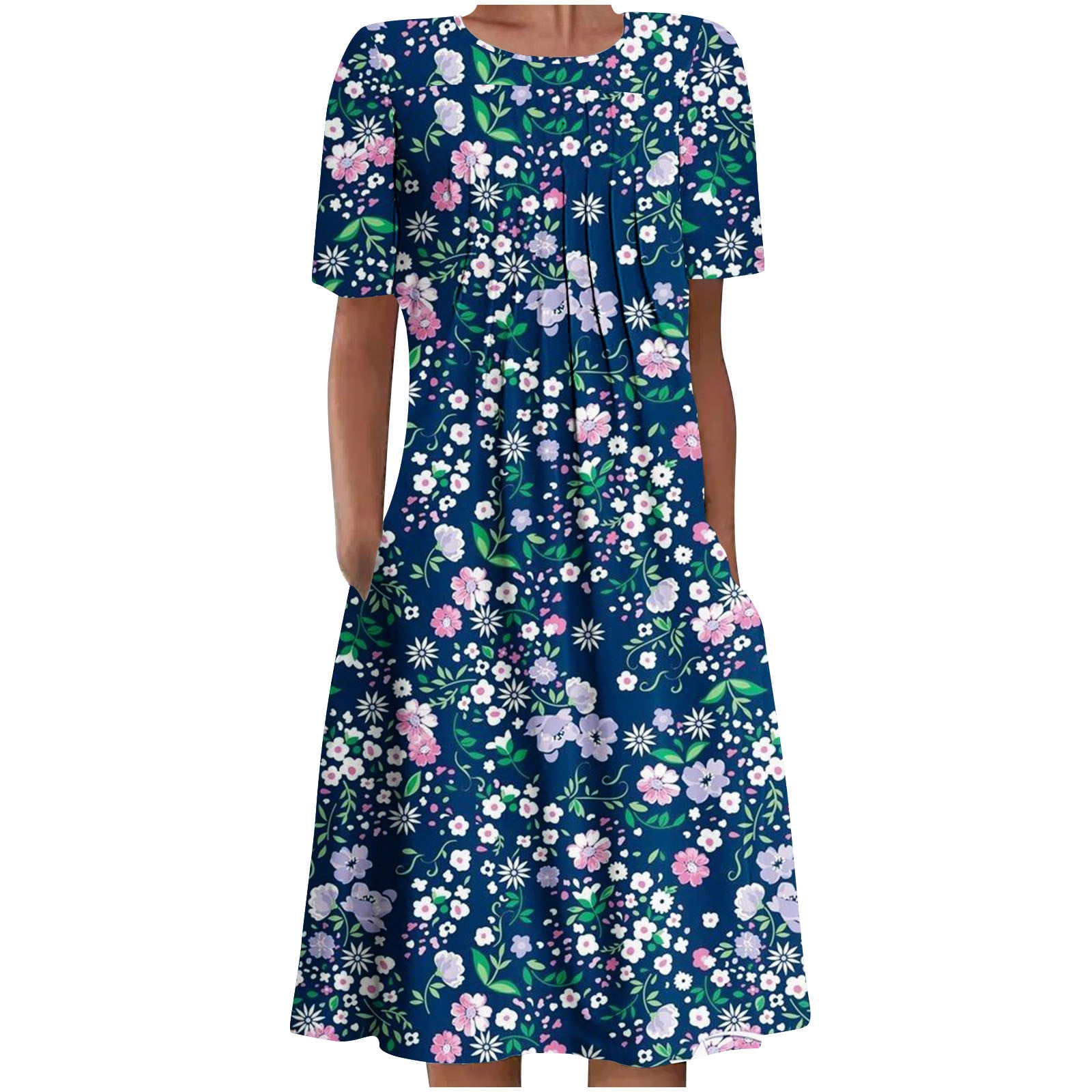Dyegold Womens Sundresses Summer Casual Boho Pleated Knee Length Swing ...