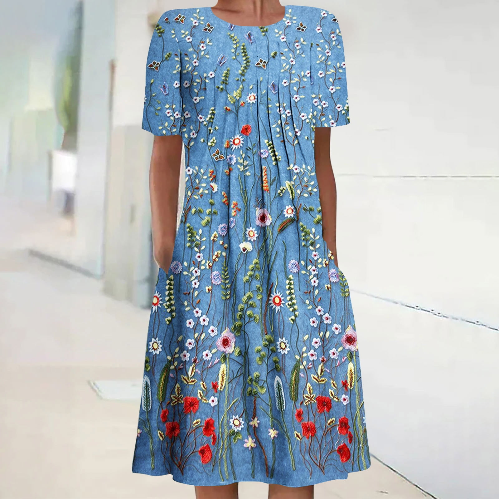 Dyegold Womens Sundresses Summer Casual Boho Pleated Knee Length Swing ...