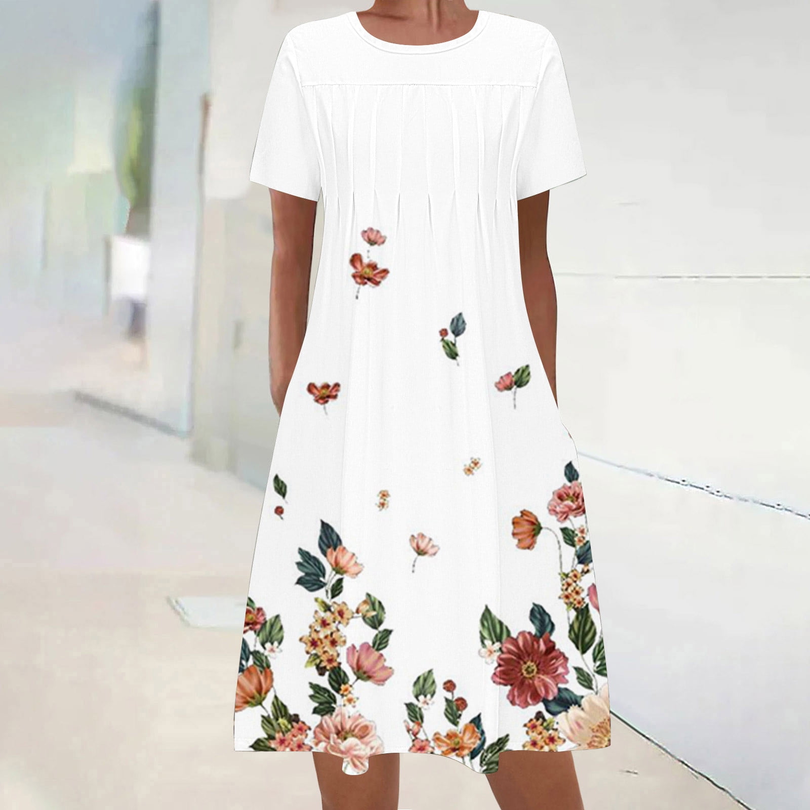 Dyegold Womens Sundresses Summer Casual Boho Pleated Knee Length Swing ...
