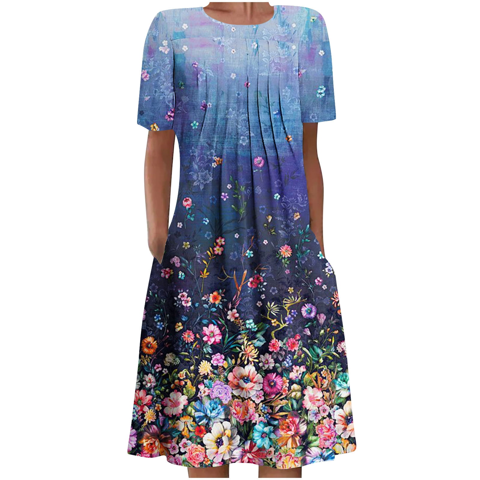 Dyegold Womens Sundresses Summer Casual Boho Pleated Knee Length Swing ...