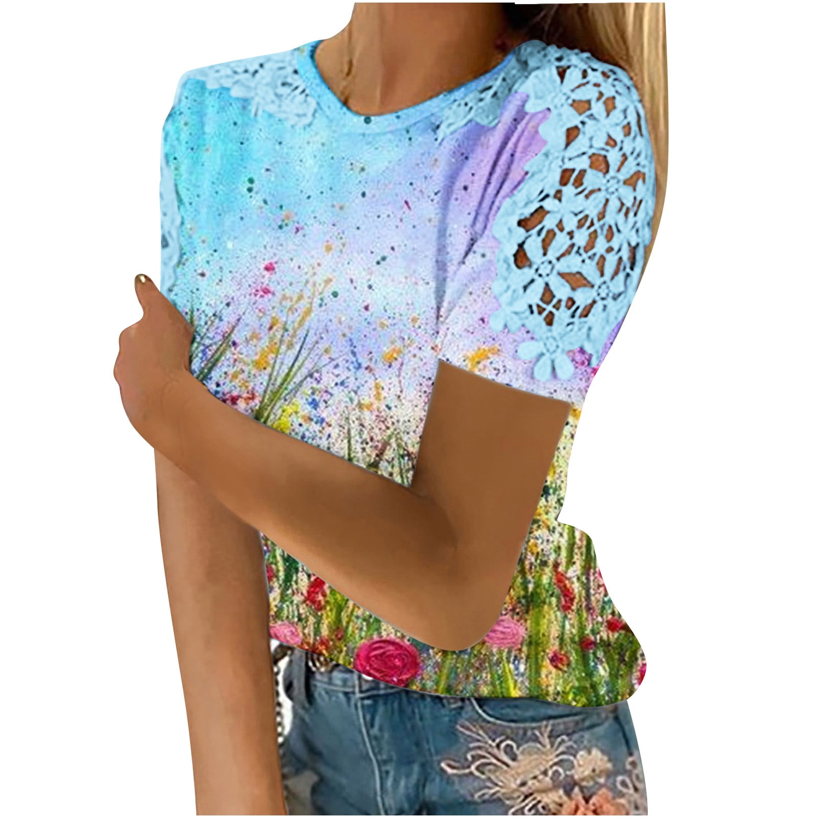 Dyegold Womens Tops Dressy Casual Summer Short Sleeve Lace Floral ...