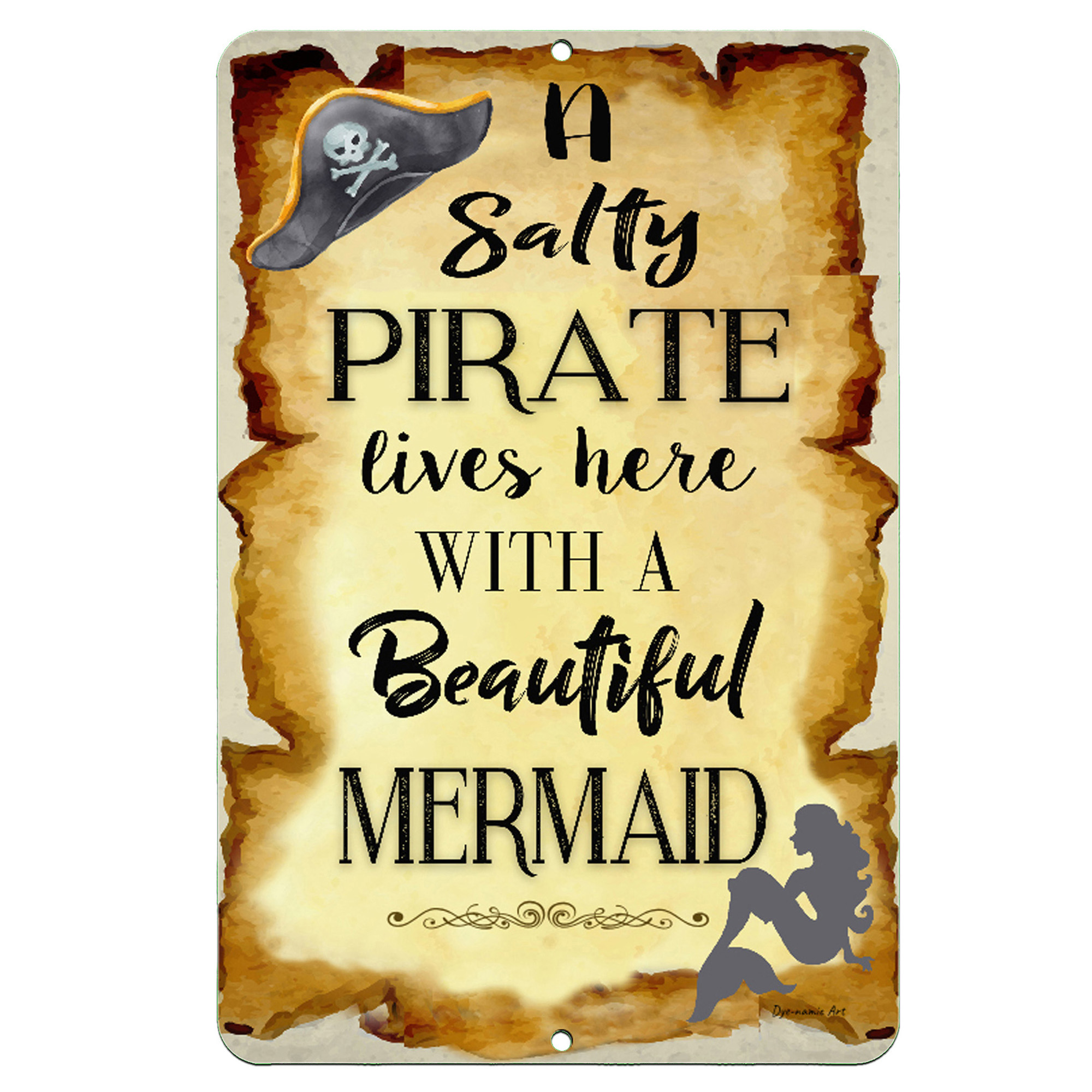 Dyenamic Art Salty Pirate and Mermaid Metal Sign - Gold Nautical Decor ...