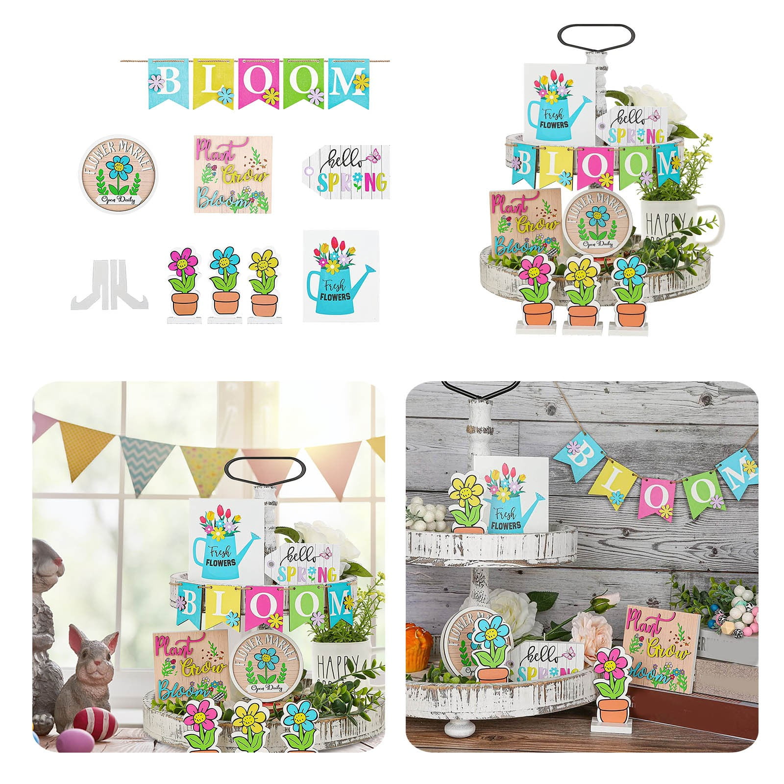 Dyfzdhu 12 Pieces Spring Tiered Tray Decor Daisy Flower Wooden Signs ...