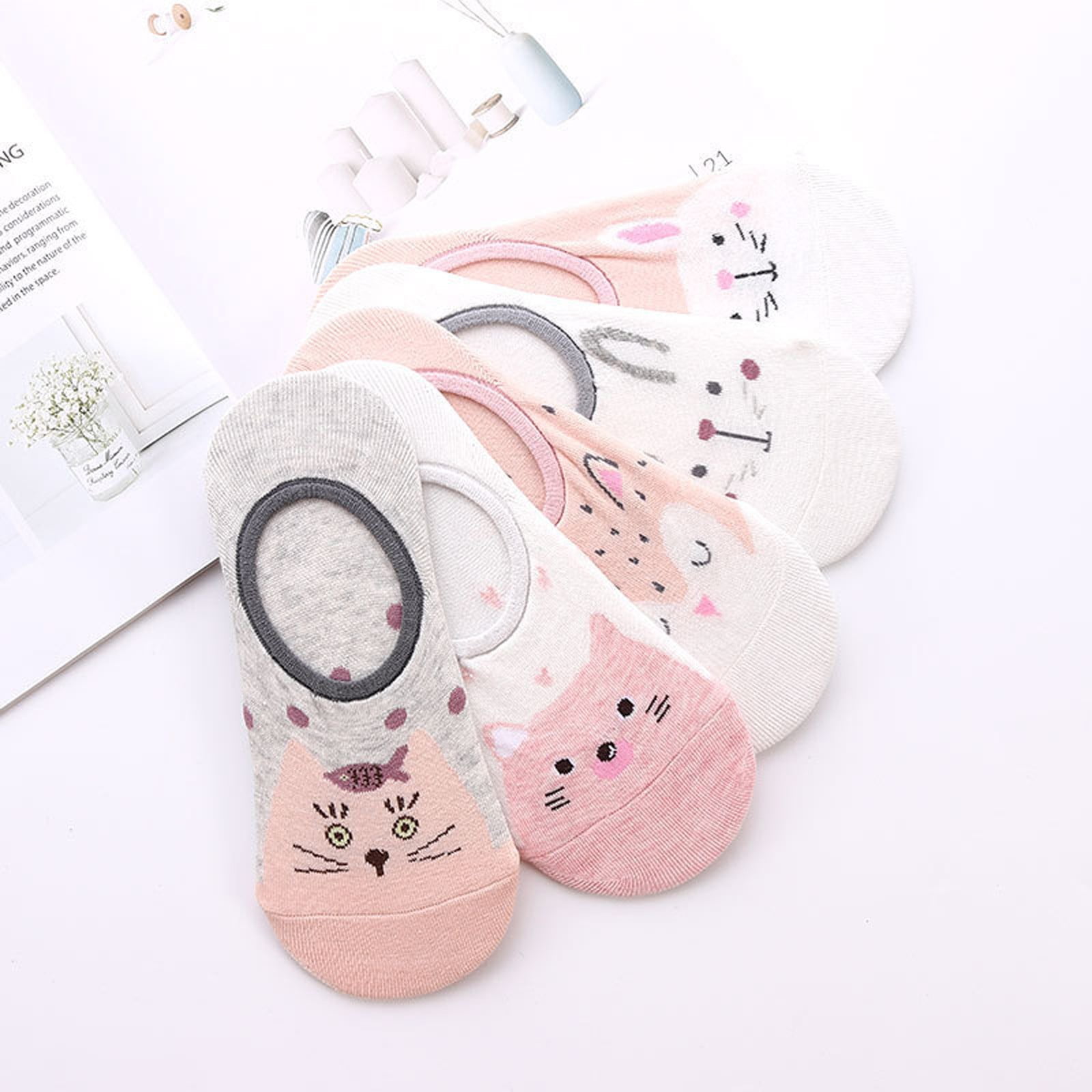 Dyfzdhu Women Cartoon Cat Cotton Socks, 5pcs Breathable Low Cut Funny ...