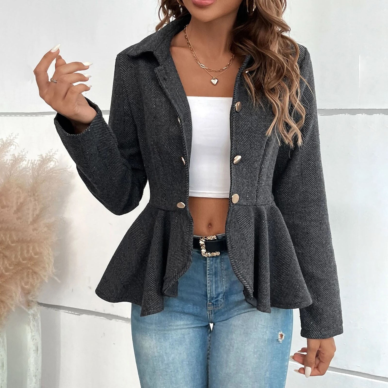 Dyfzdhu Blazers for Women Trendy High-Low Cut Ruffle Suit Jacket Open ...