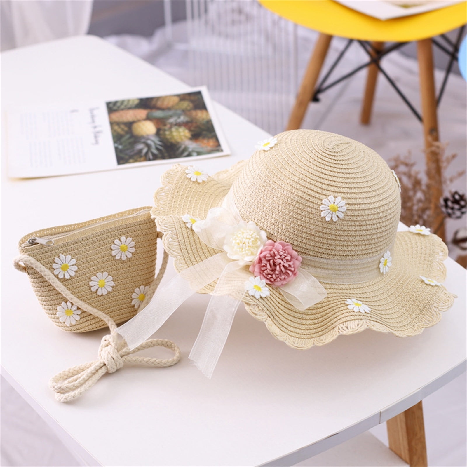 Dyfzdhu Children Girl Summer Sunscreen Sunshade Hat Straw Beach Sun Hat ...