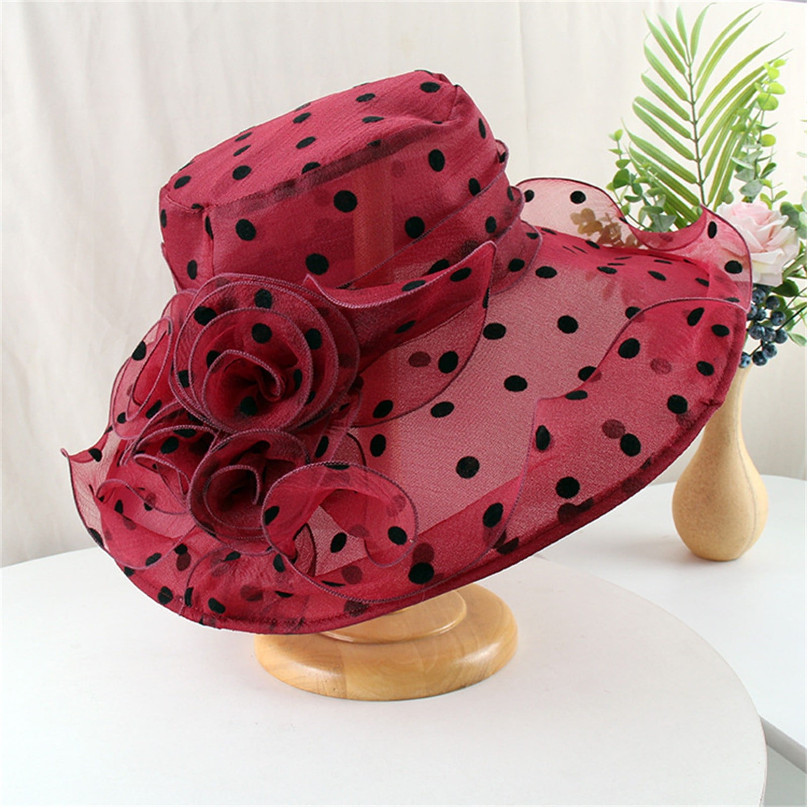 Dyfzdhu Fascinators Hats for Women Flower Polka Dots Wide Brim Sun Hat ...