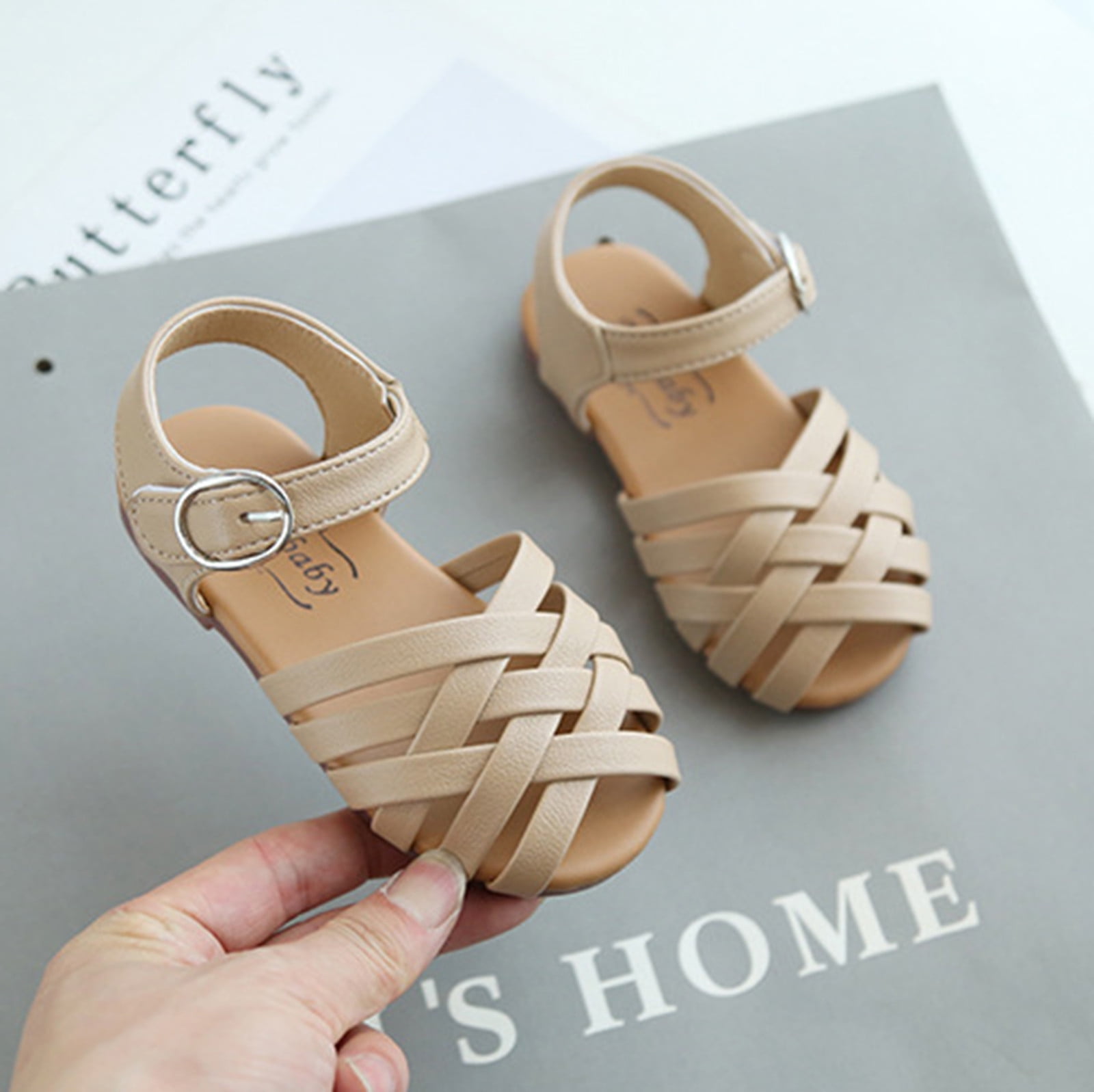 Dyfzdhu Girls Sandals Kids Children Girls Open-Toed Flat Beach Shoes Soft-Soled Non-Slip Roman ...