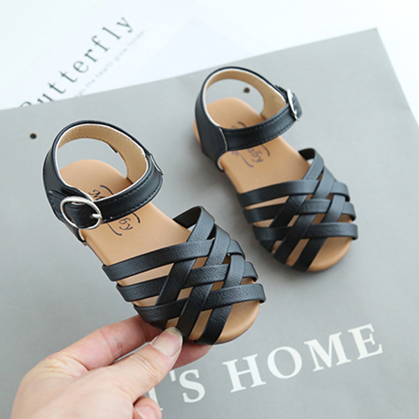 Dyfzdhu Girls Sandals Kids Children Girls Open-Toed Flat Beach Shoes Soft-Soled Non-Slip Roman ...