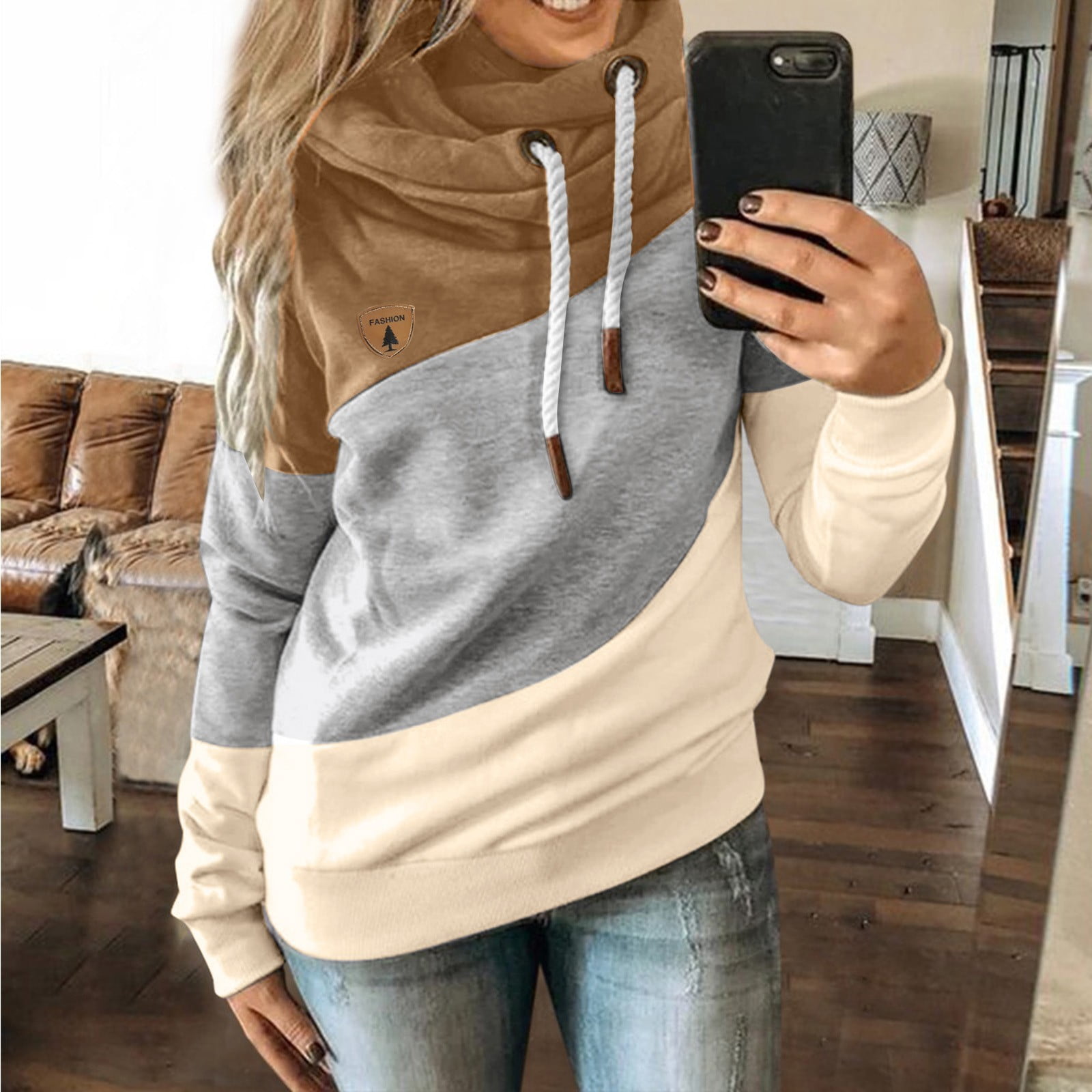 Dyfzdhu Hoodies for Women Casual Solid Contrast Splice Long Sleeve Hoodie Sweatshirt Strap Tops ...
