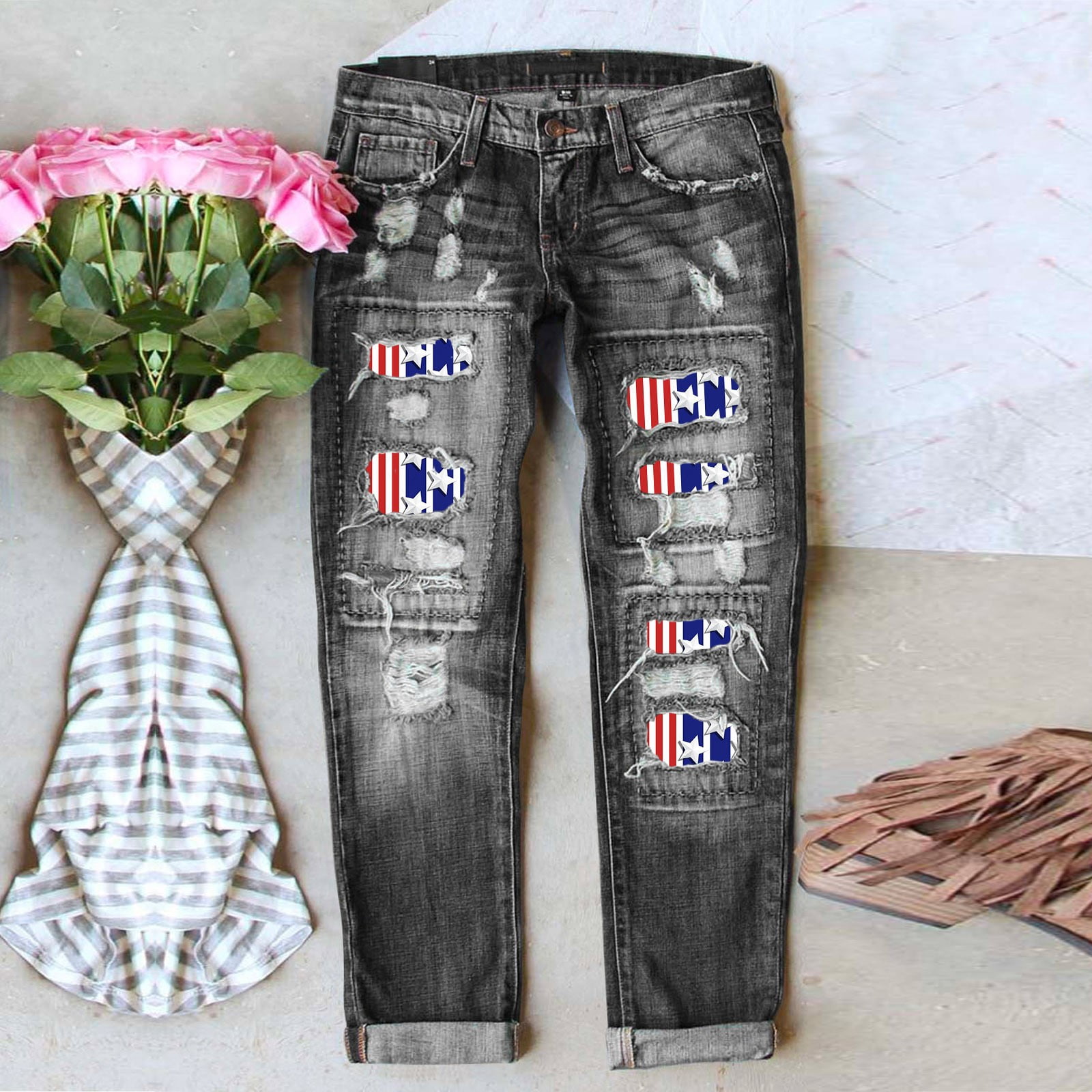 Dyfzdhu Independence Day Jeans for Women American Flag Printed ...