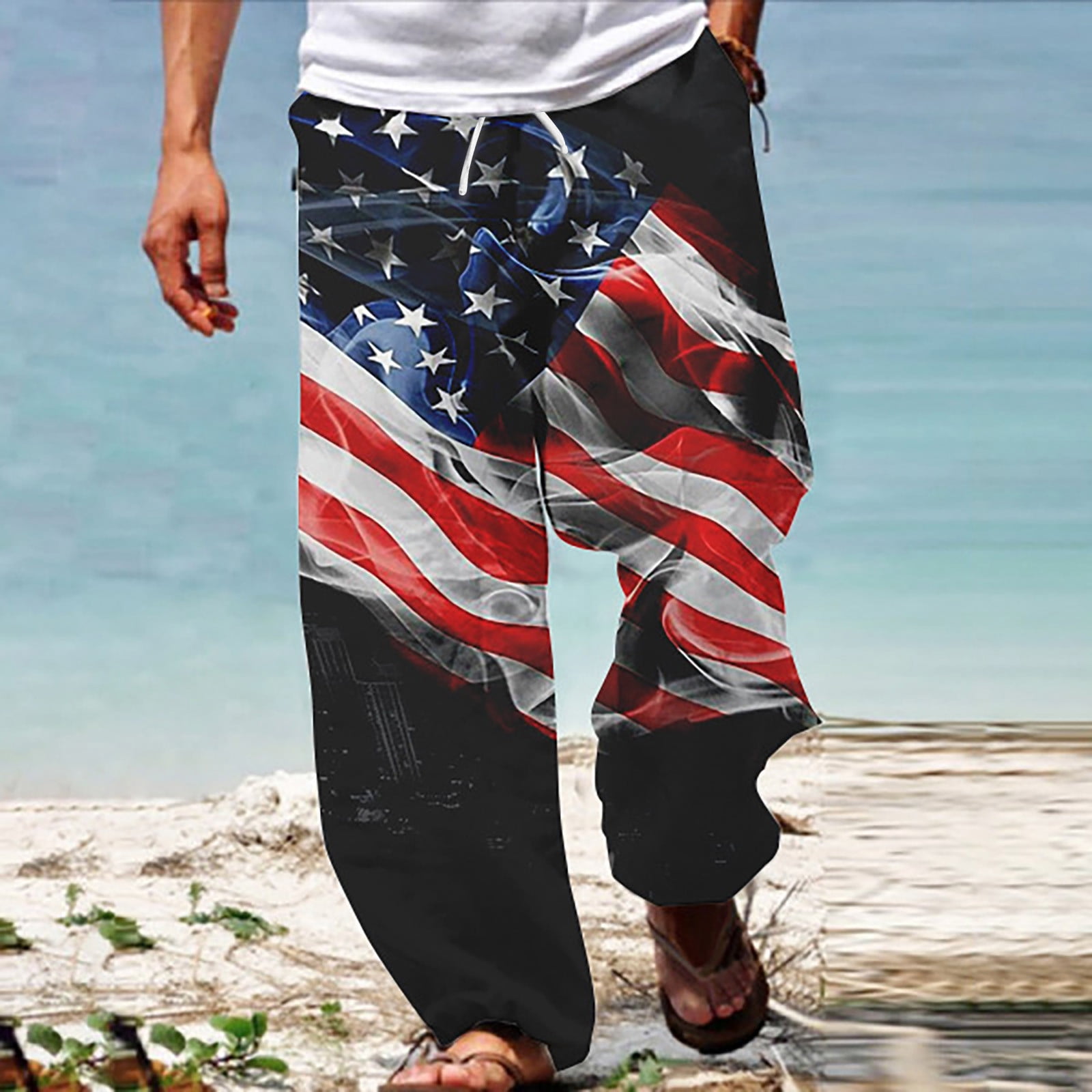 Dyfzdhu Mens Summer Beach Pants Independence Day American Flag Patriotic 4th Of July Pants ...