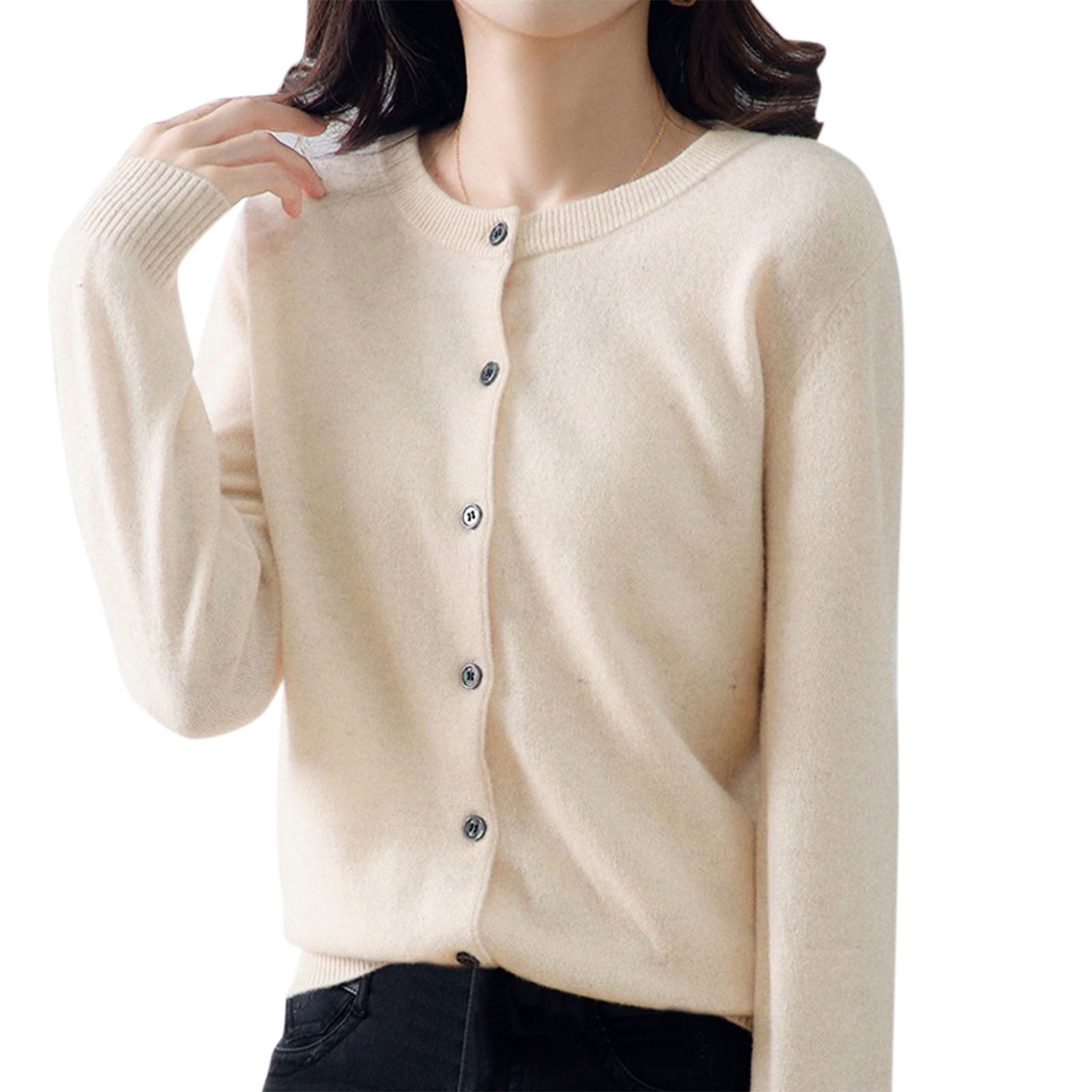 Dyfzdhu Knitted Cardigans For Women Basic Solid Color Crew Neck Long