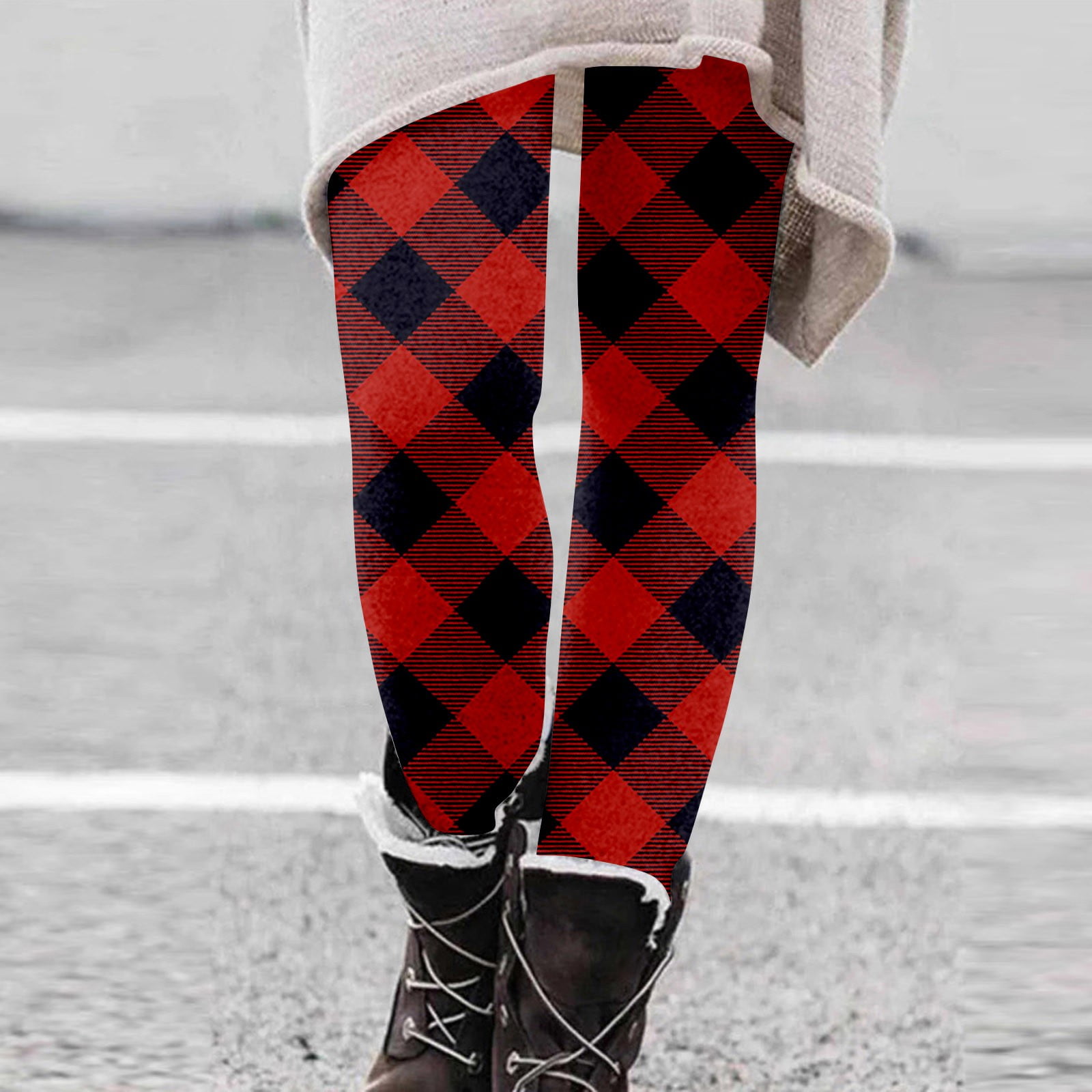 Dyfzdhu Leggings for Women Winter Plaid Printed Trendy Casual Long ...