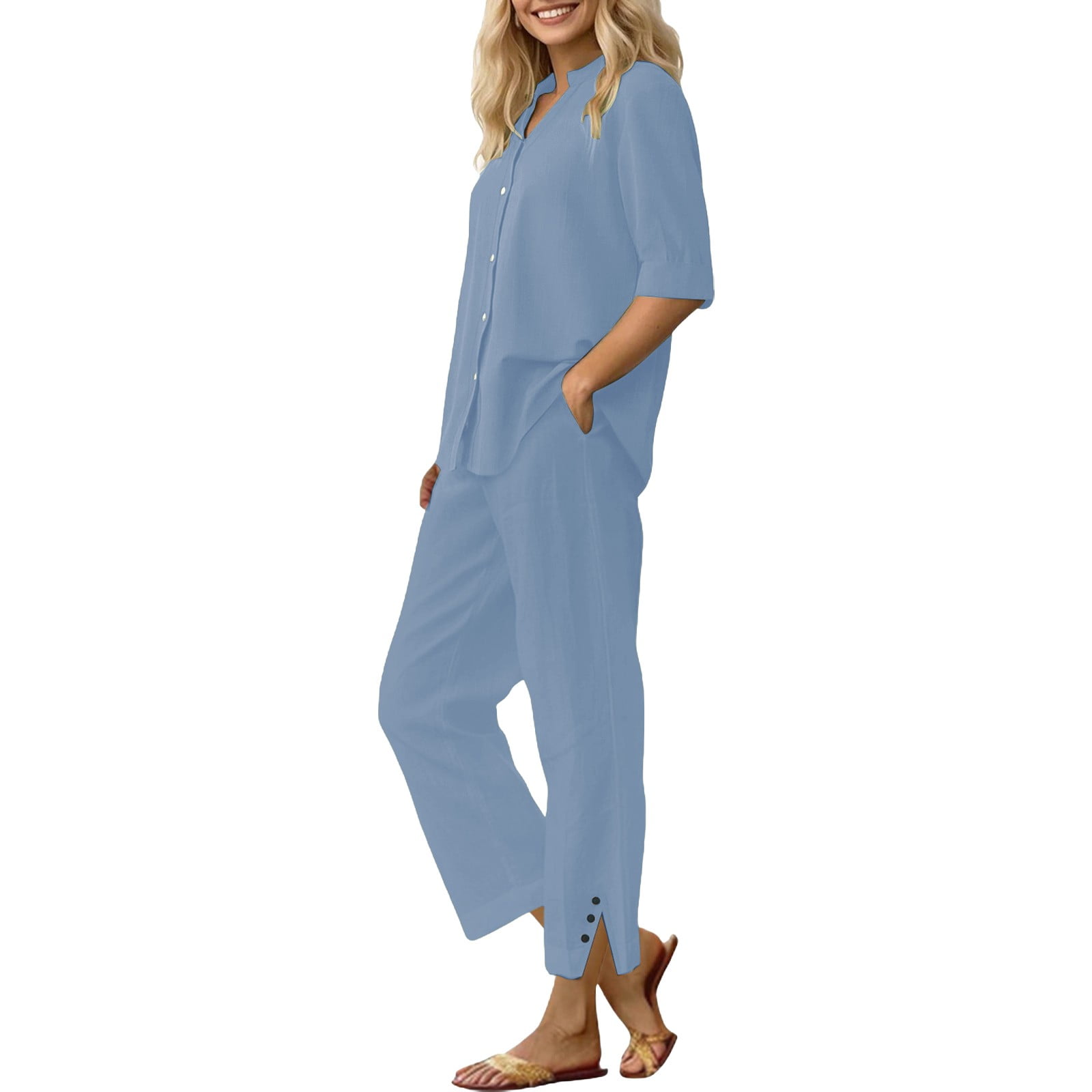 Dyfzdhu Linen Sets for Women 2 Piece Daily Casual Solid Long Sleeve ...
