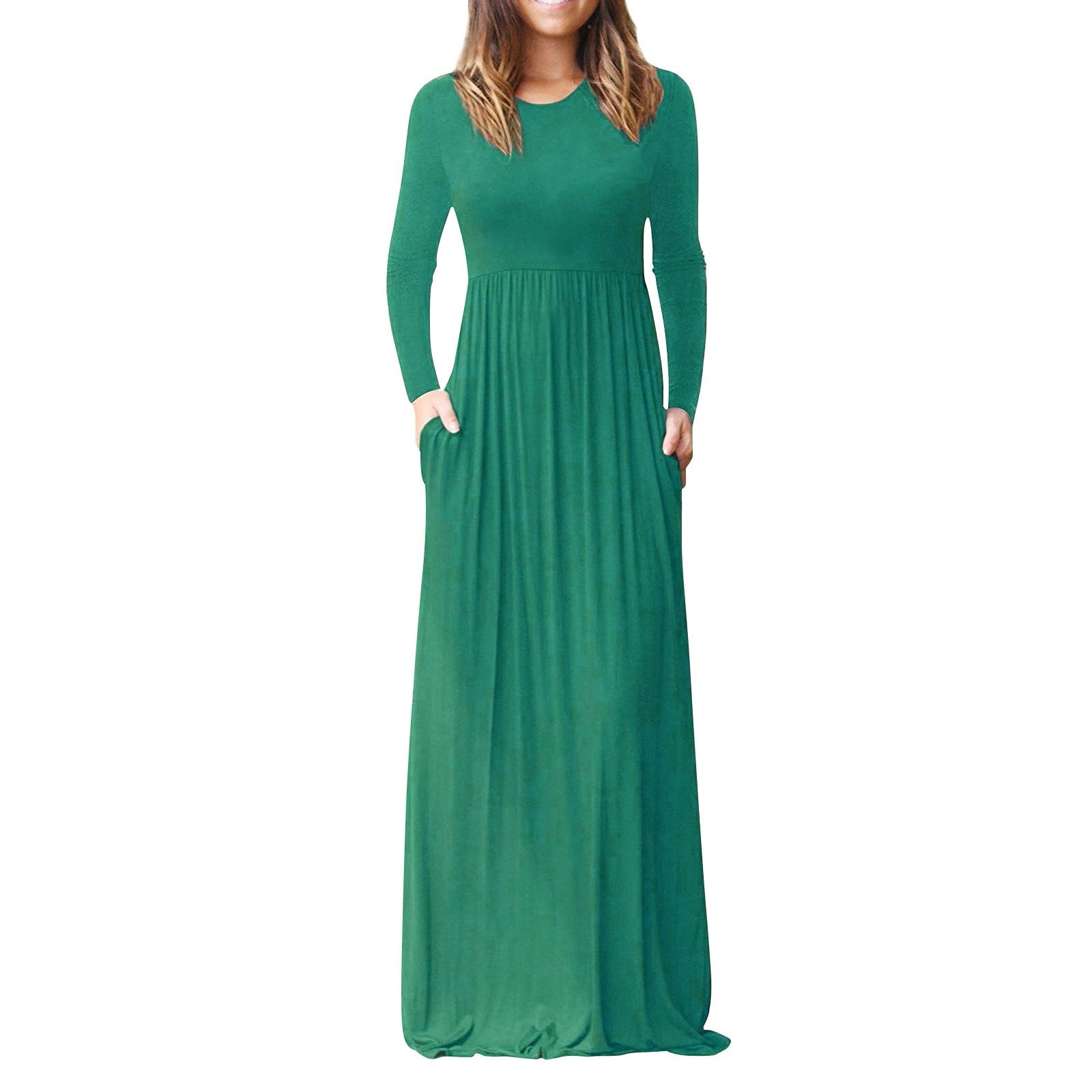 Dyfzdhu Long Sleeve Dresses for Women Casual Round Neck Solid Color ...