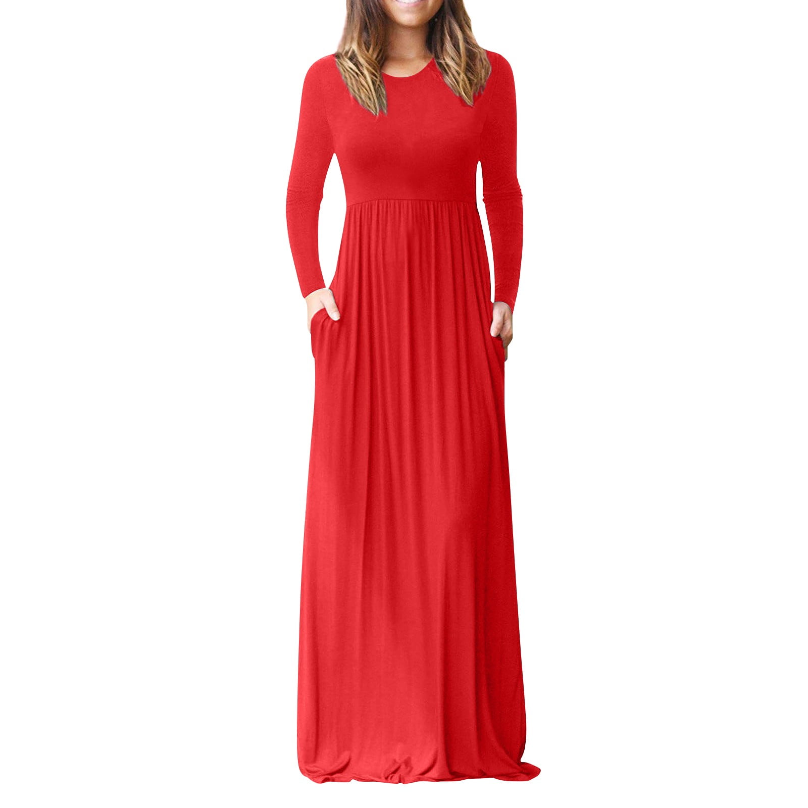 Dyfzdhu Long Sleeve Dresses for Women Casual Round Neck Solid Color ...