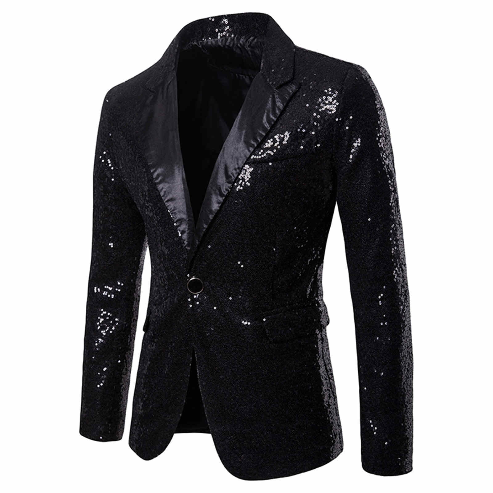 Dyfzdhu Men Shiny Sequin Blazers Long Sleeve Emcee Party Glitter Suit ...
