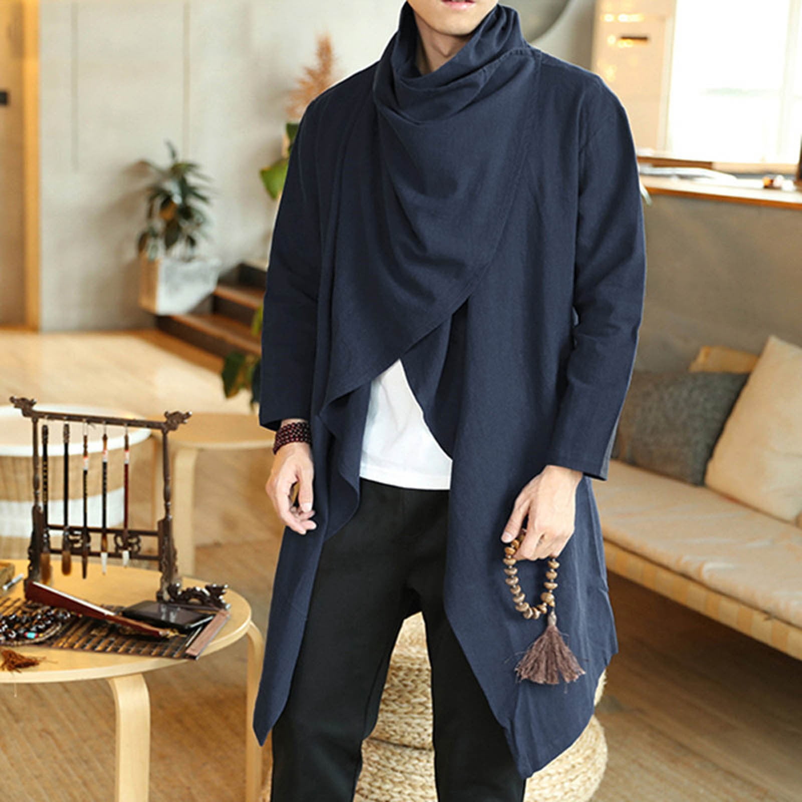Dyfzdhu Mens Cotton Linen Cape Long Irregular Cloak Long Sleeve Coat ...