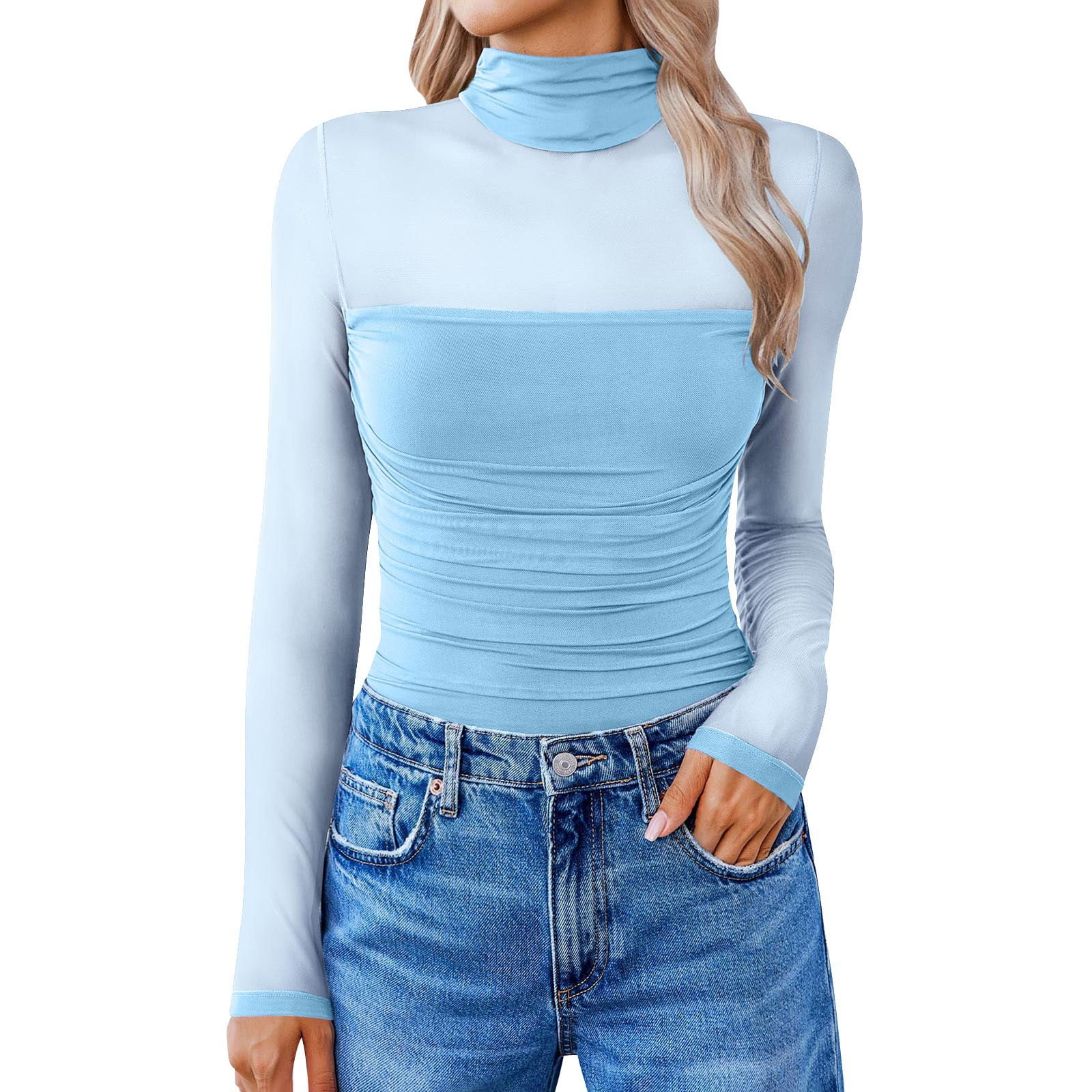 Dyfzdhu Mesh Bodysuit for Women Long Sleeve Turtleneck Shapewear Body ...