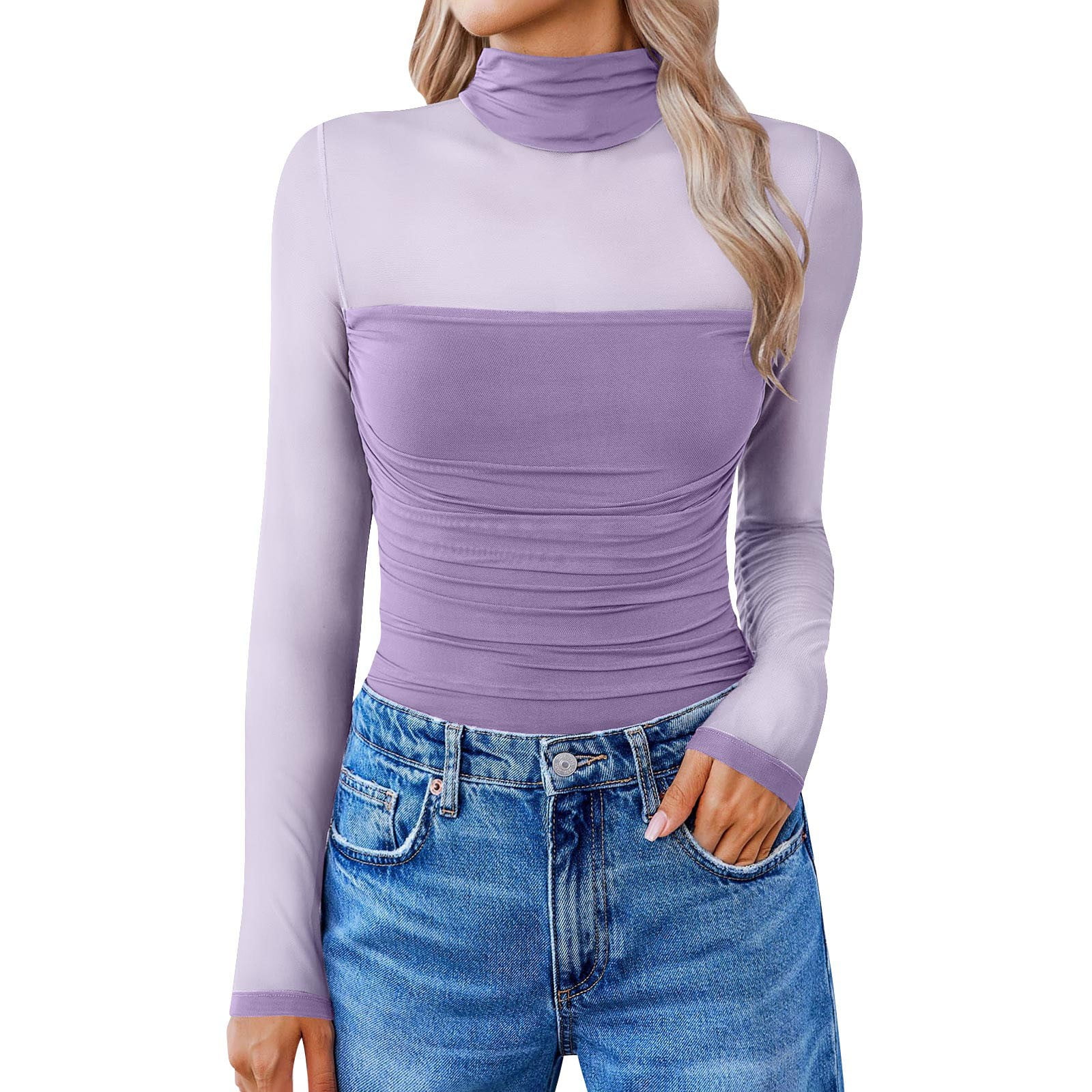 Dyfzdhu Mesh Bodysuit for Women Long Sleeve Turtleneck Shapewear Body ...