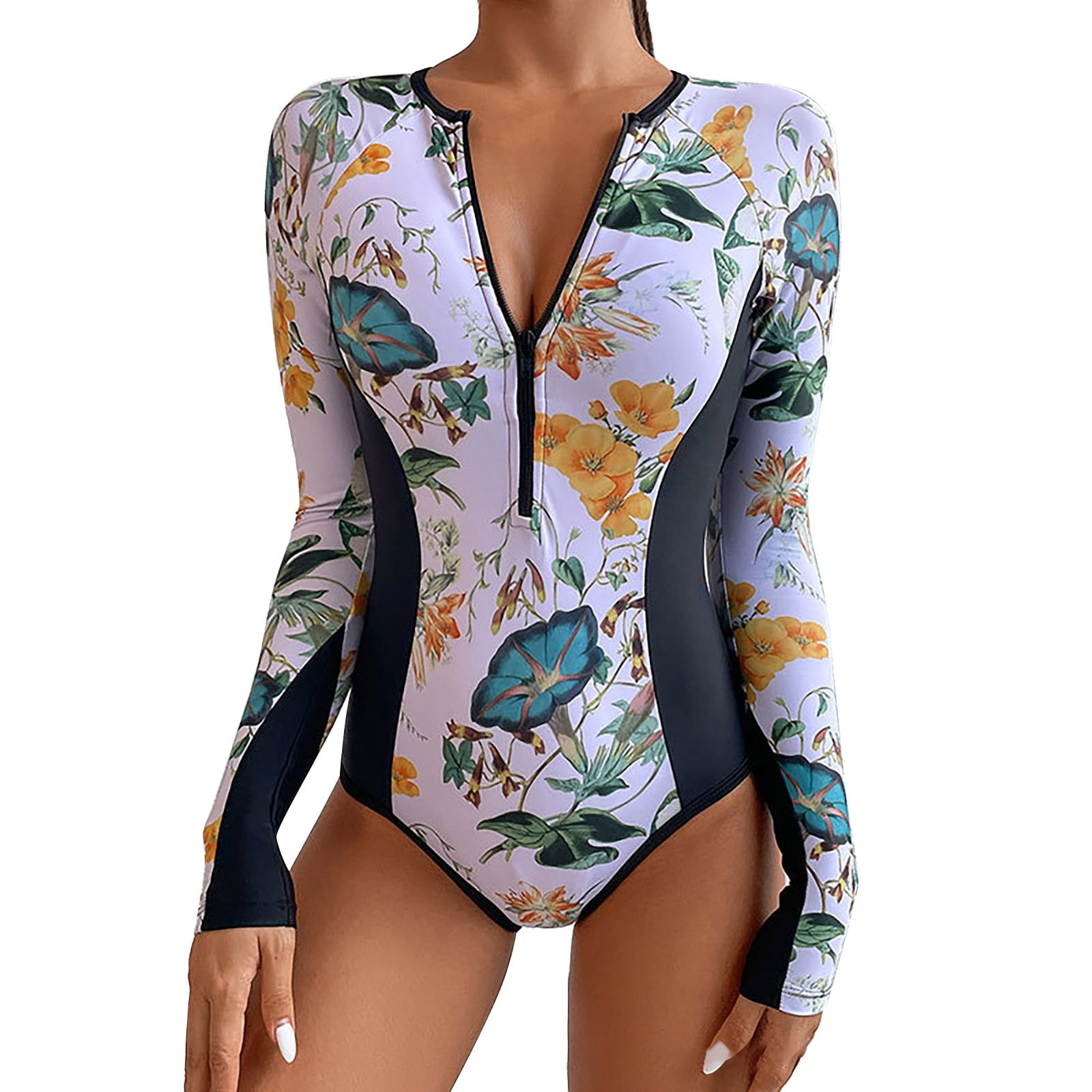 Dyfzdhu One Piece Swimsuit Women Rash Guard Floral Printed Long Sleeve