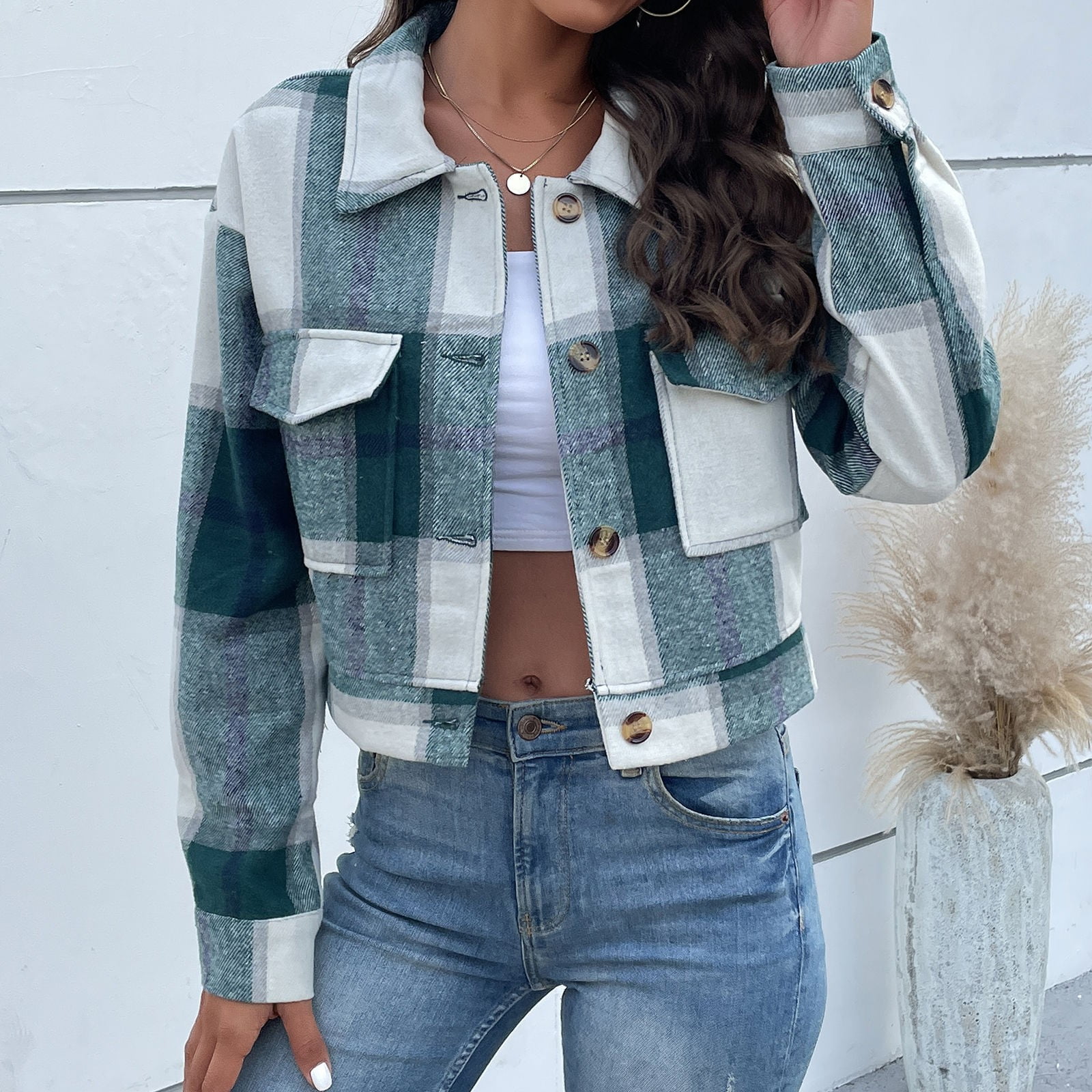 Dyfzdhu Plaid Cropped Jacket For Women Casual Long Sleeve Short Slouchy ...