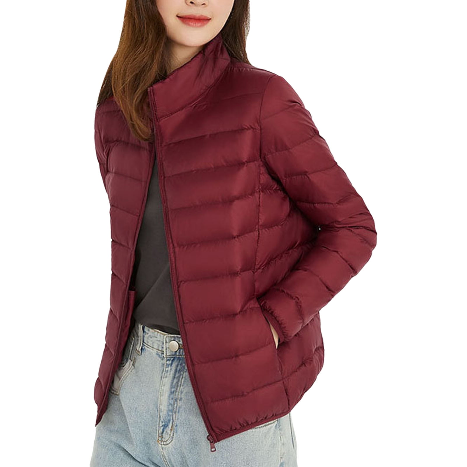 Dyfzdhu Puffer Jacket Women Plus Size Lightweight Long Sleeve Zipper ...