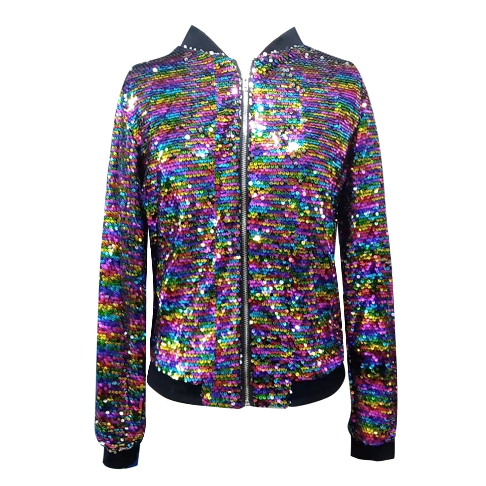 Dyfzdhu Sequin Jackets for Women Plus Size Trendy Shiny Sequins Stand Collar Long Sleeve Casual ...