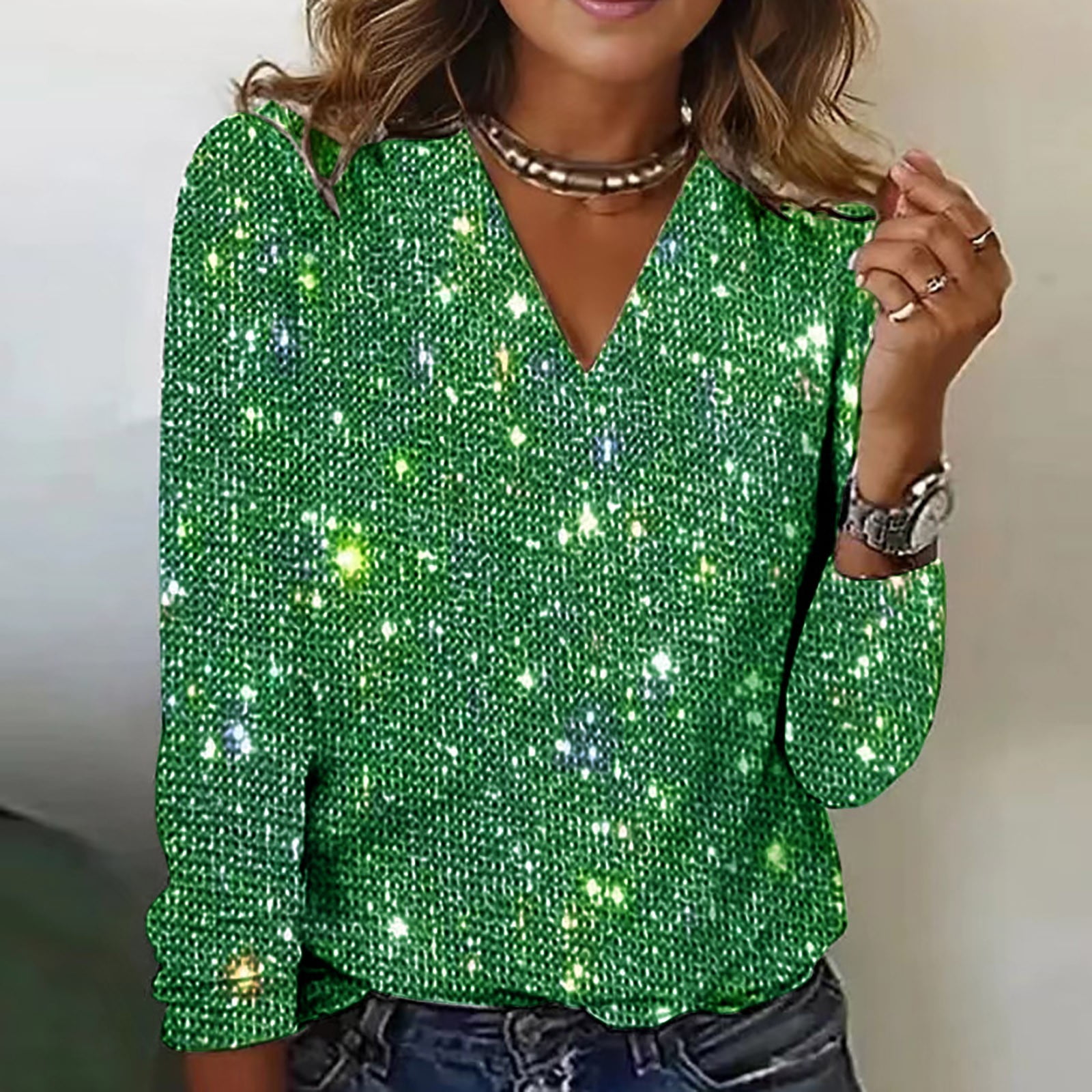Dyfzdhu Sequin Tops for Women Elegant Trendy V Neck Sparkly Casual ...