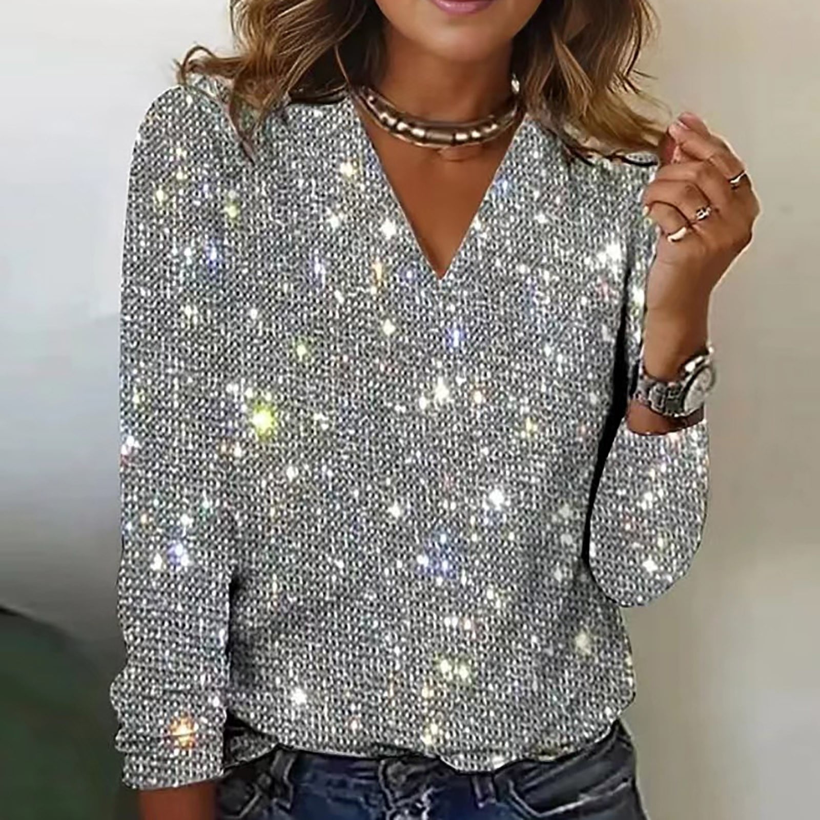 Dyfzdhu Sequin Tops for Women Elegant Trendy V Neck Sparkly Casual Solid Color Sequined Long ...